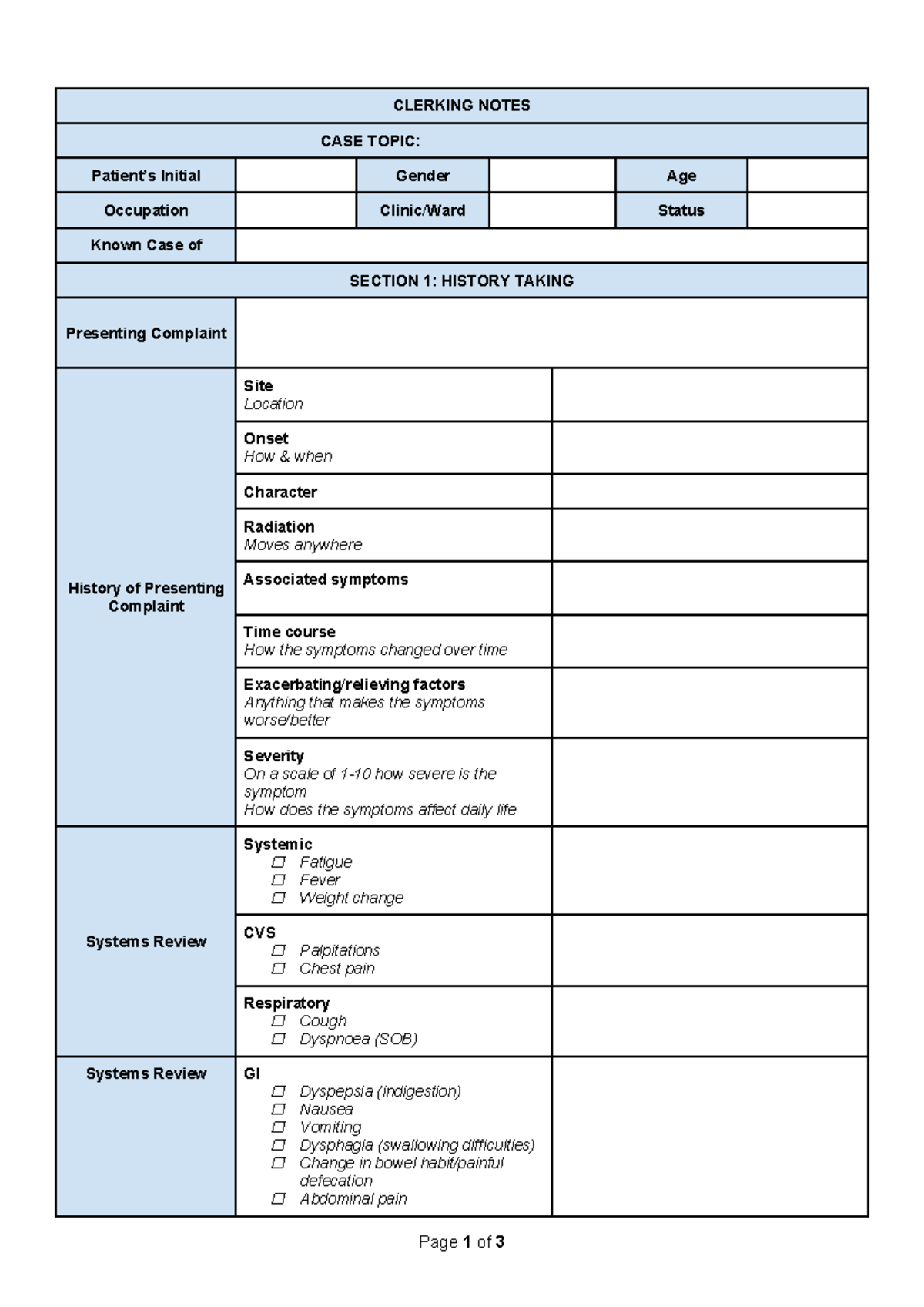 Clerking Template for Patient History Taking: A Comprehensive Guide ...