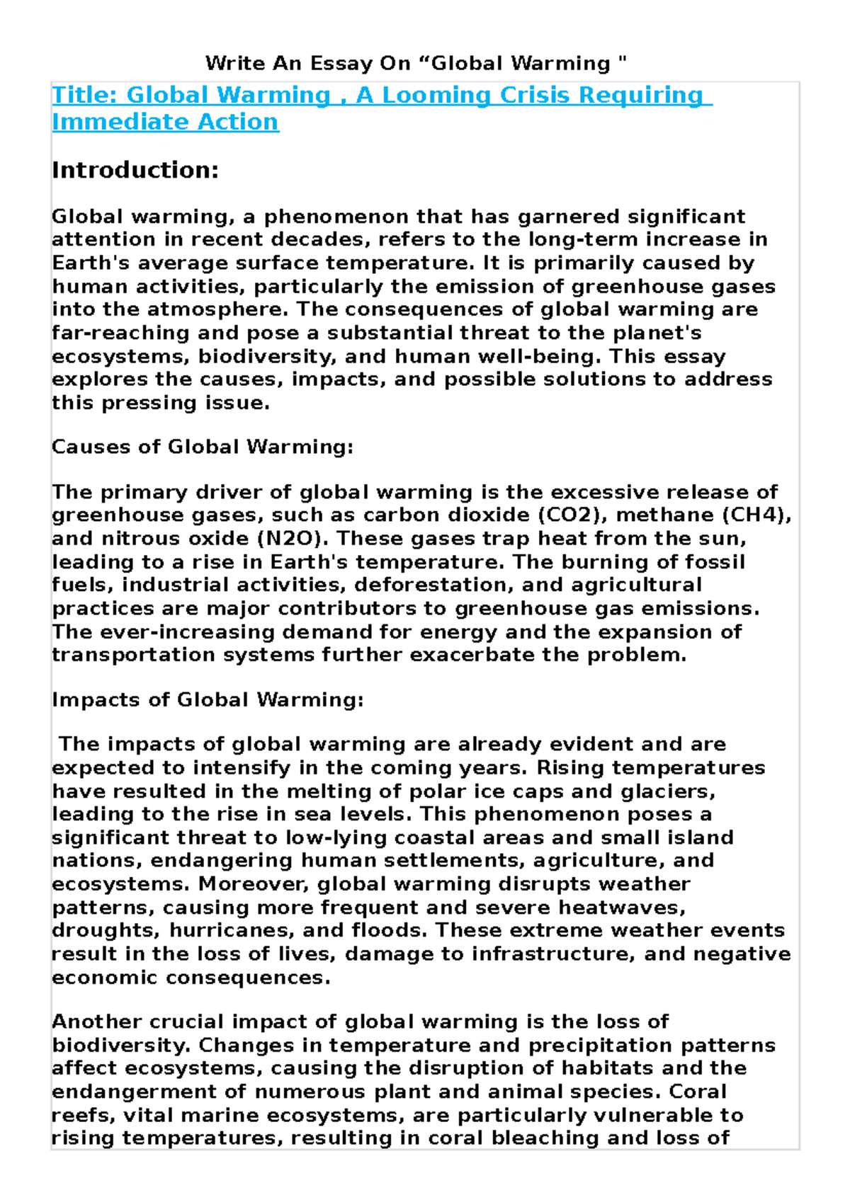 Global Warming Causes And Effects Essay