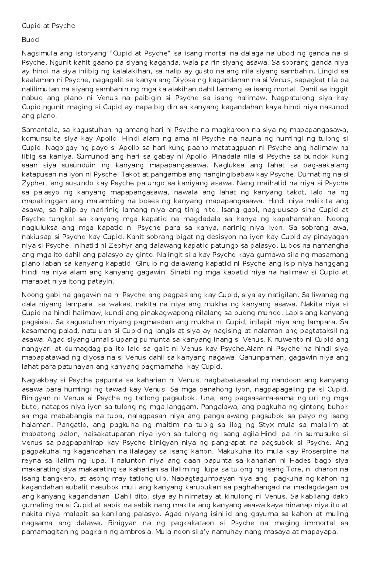 Cupid at Psyche: Buod ng Mitolohiya at mga Pagsubok ni Psyche - Studocu