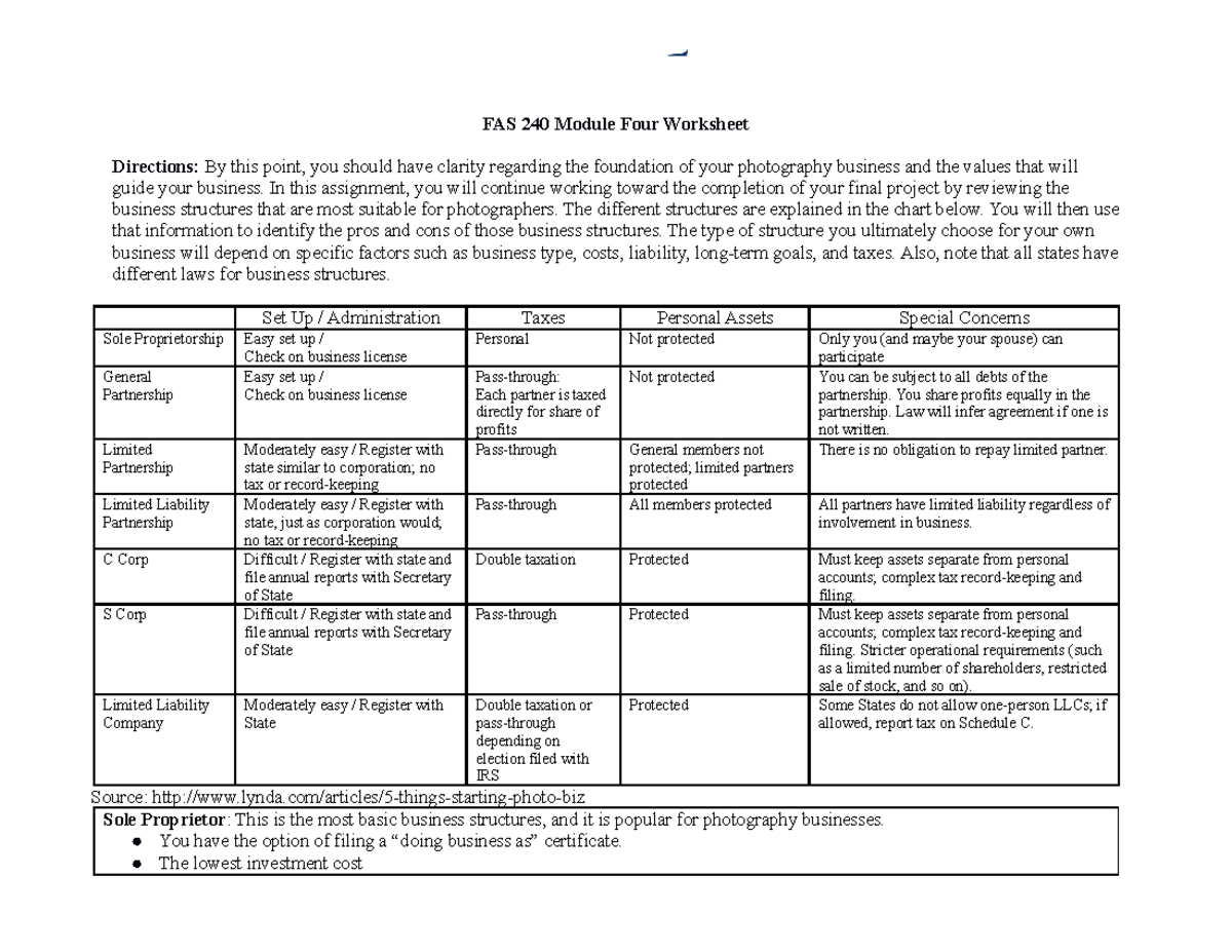 FAS 240 Module Four Business Structure Worksheet and Analysis - Studocu
