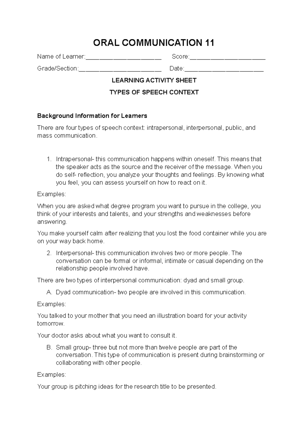 Oral Communication 11: Learning Activity Sheet on Speech Contexts - Studocu