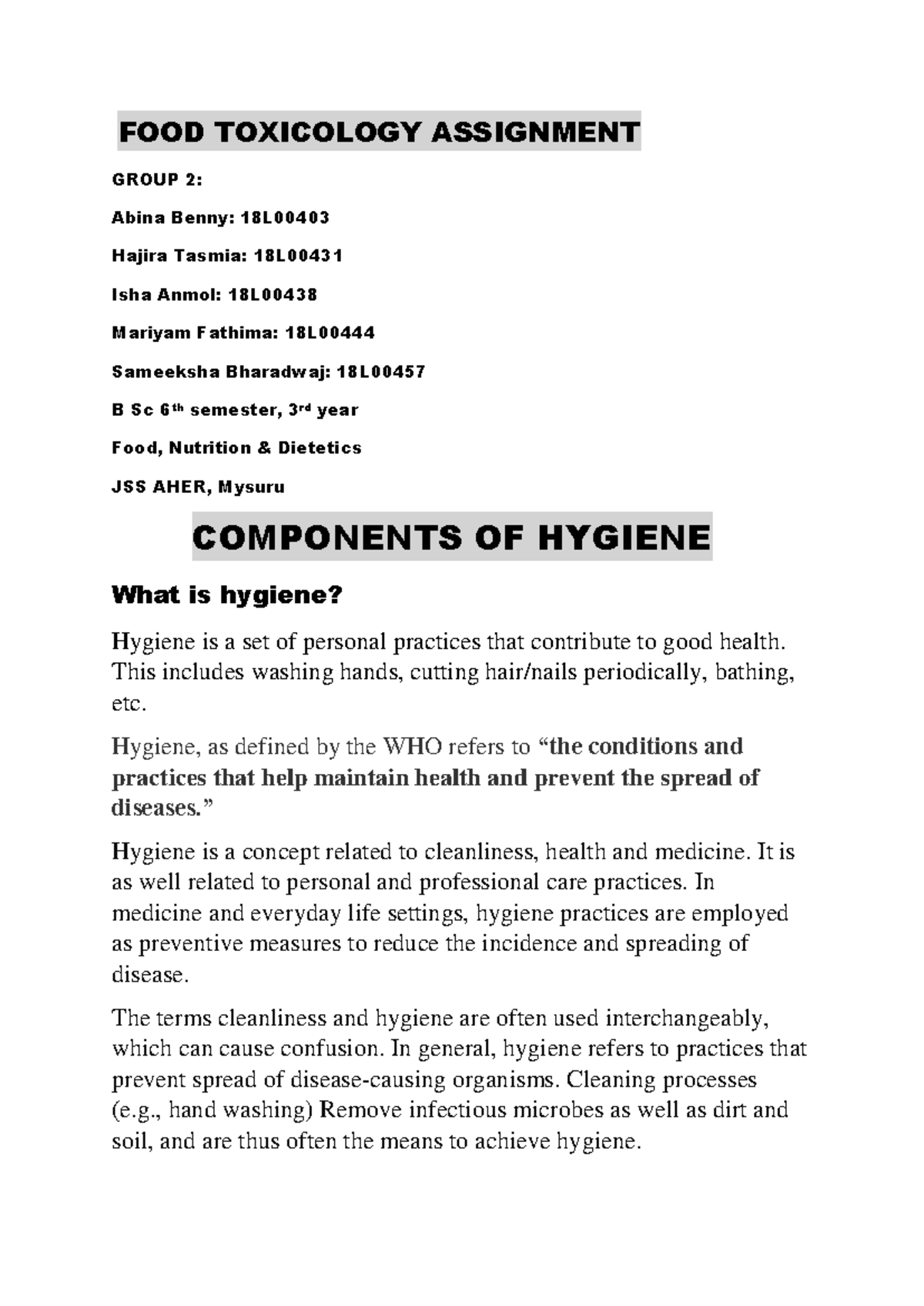 Unit 1 Hygiene( assignm) - FOOD TOXICOLOGY ASSIGNMENT GROUP 2: Abina ...