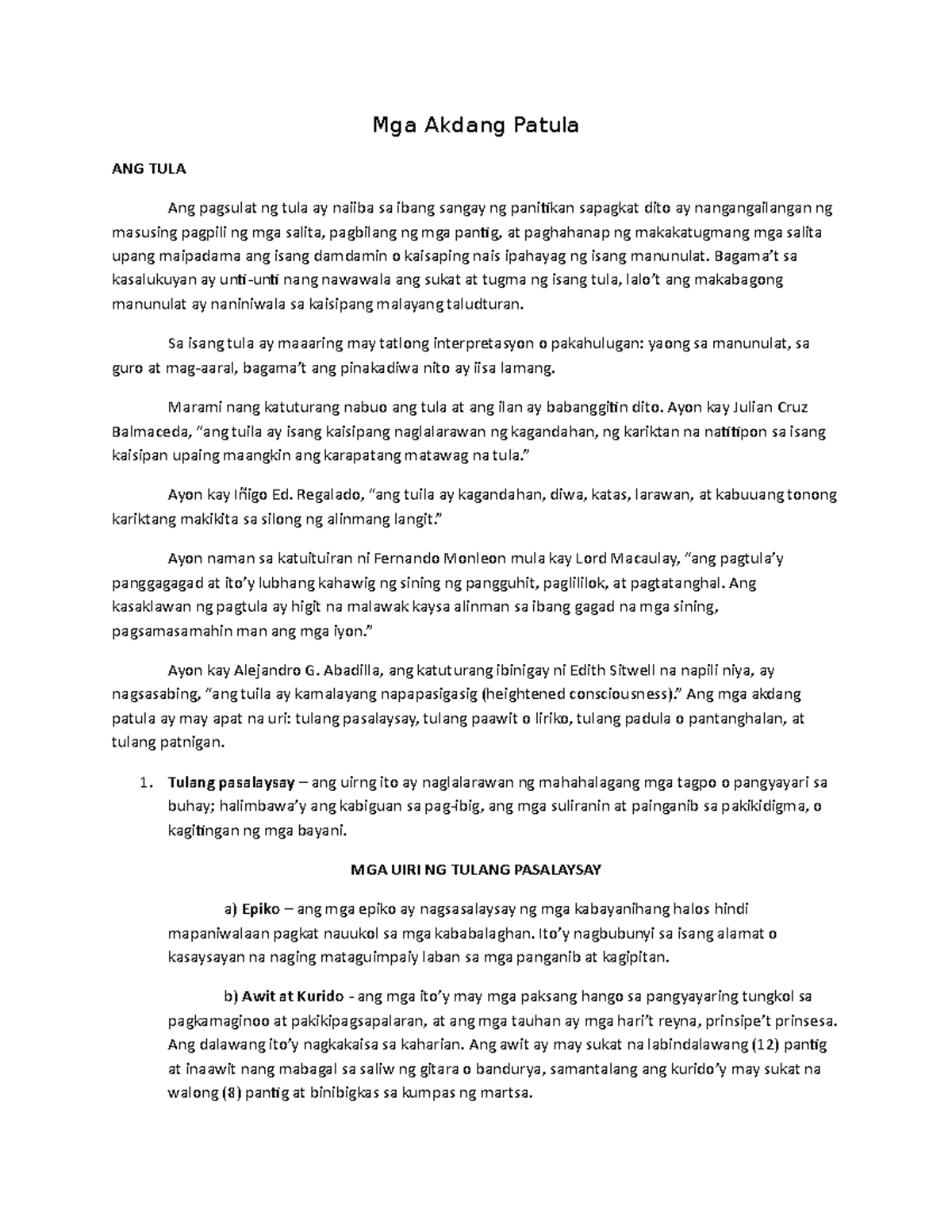 Mga Akdang Patula - Lecture Notes 1 on Tula at Tulang Liriko - Studocu