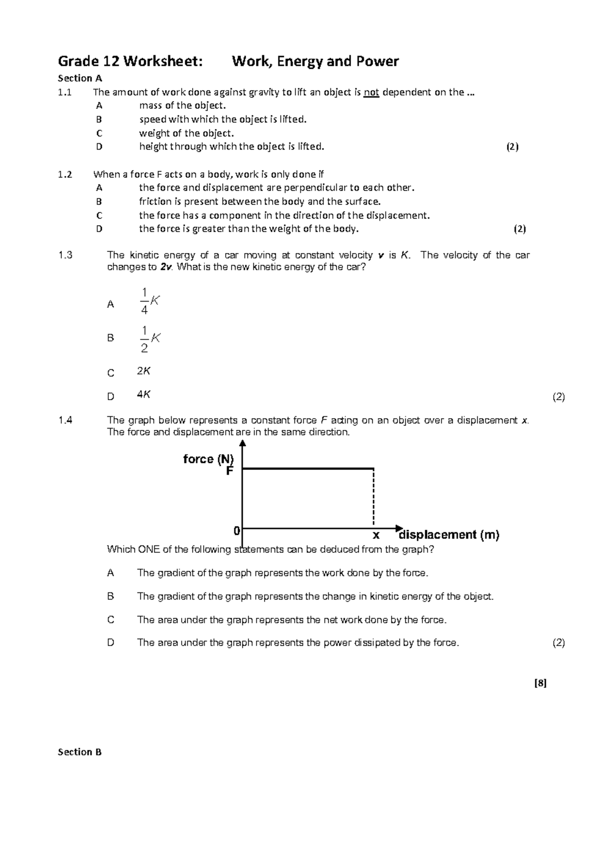 Grade 12 Worksheet: Work, Energy & Power Concepts and Problems - Studocu