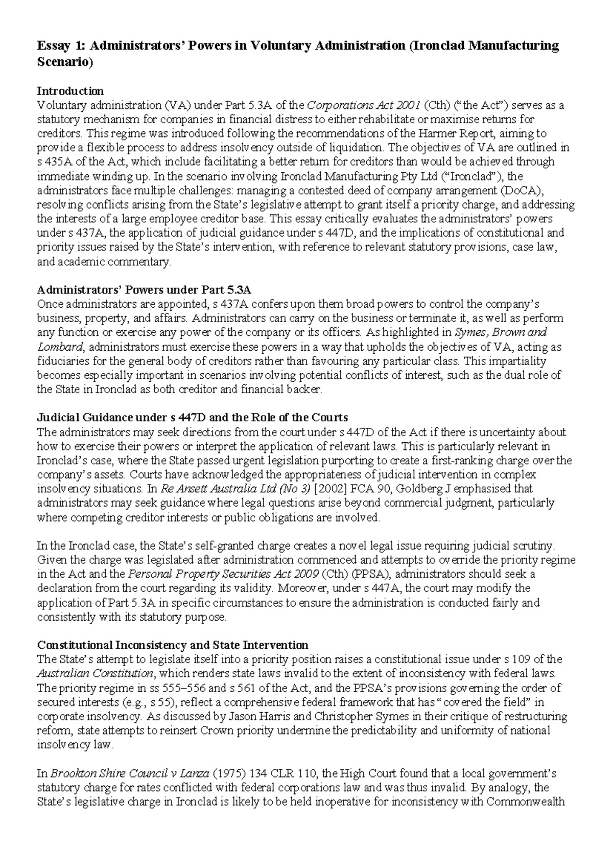 Essay 1: Powers in Voluntary Administration - Ironclad Manufacturing ...
