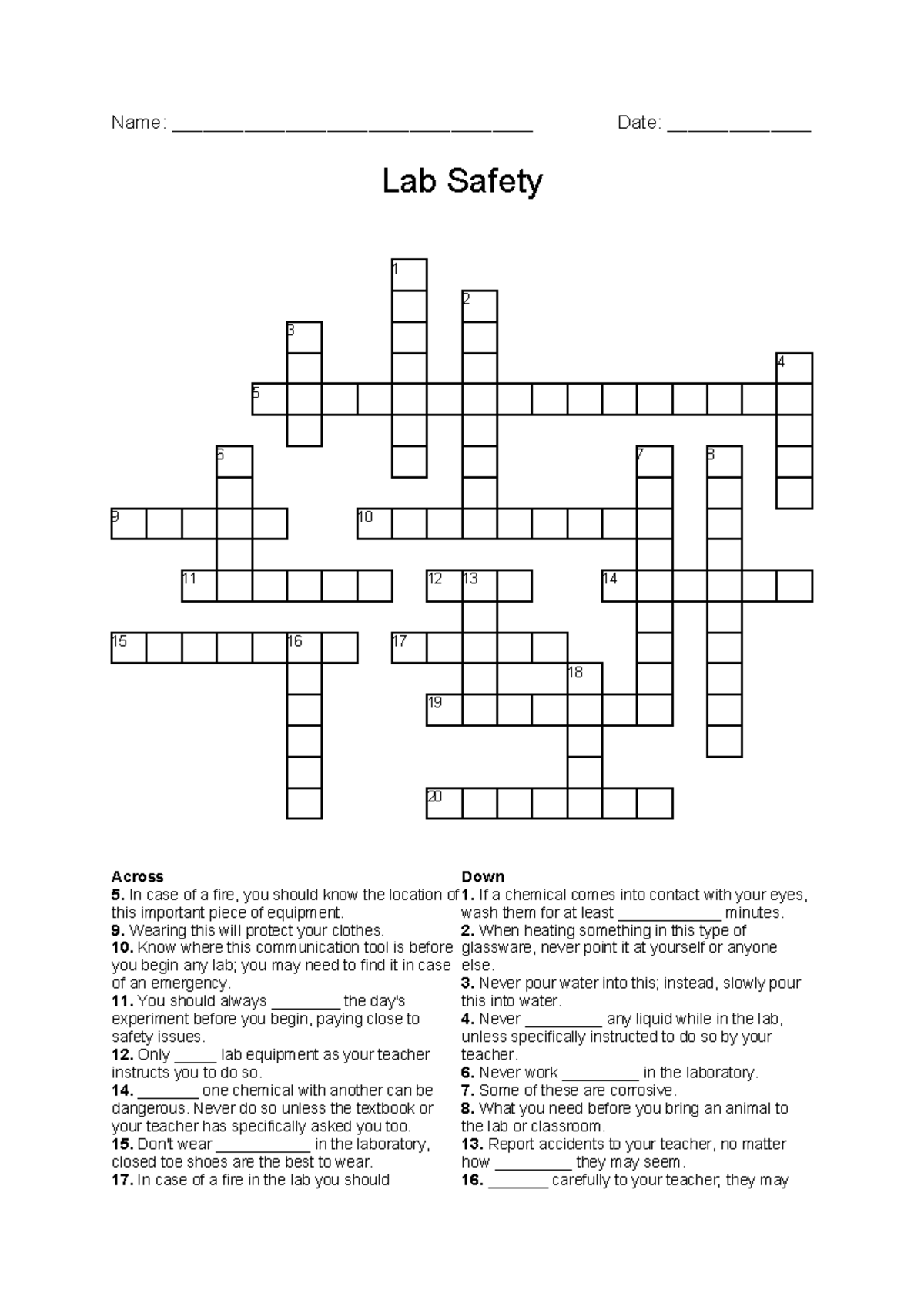 Lab Safety Crossword Puzzle - K12 Science Activity - Studocu