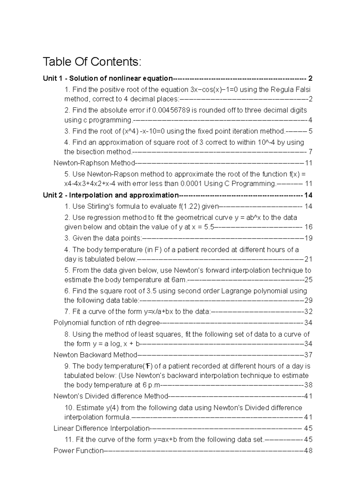 Numerical analysis - hope this is good - Table Of Contents: Unit 1 - Solution of nonlinear ...