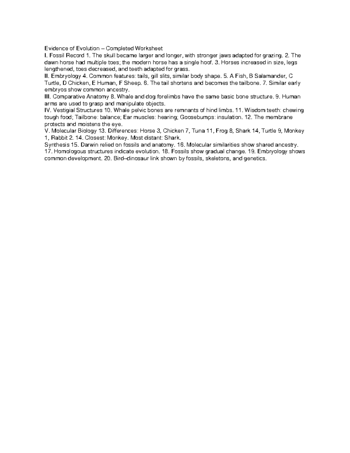Evidence of Evolution: Completed Worksheet on Fossils & Anatomy - Studocu