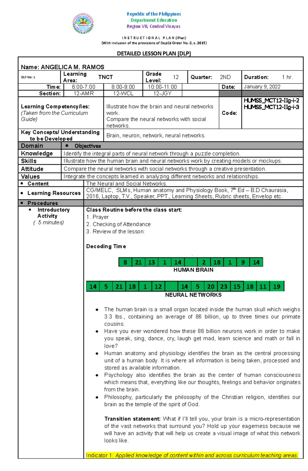Q2-Detailed Lesson Plan on Neural and Social Networks for Grade 12 ...
