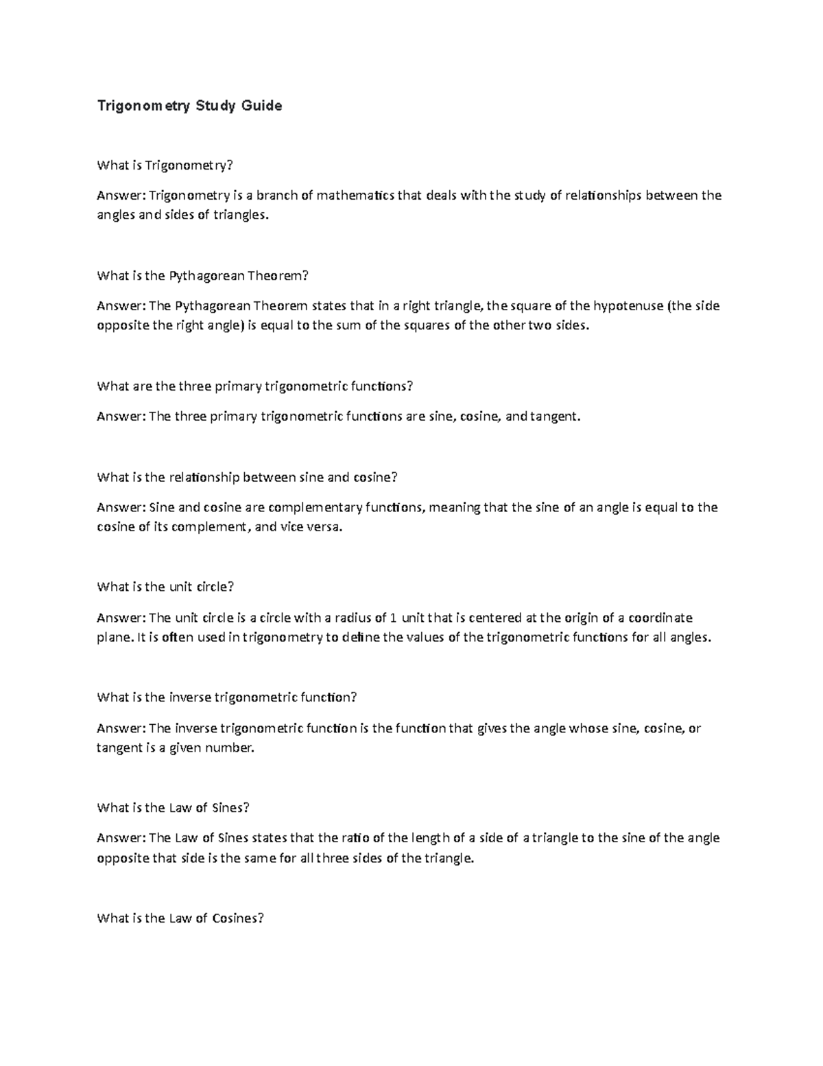 Trigonometry Study Guide: Key Concepts & Functions Explained - Studocu