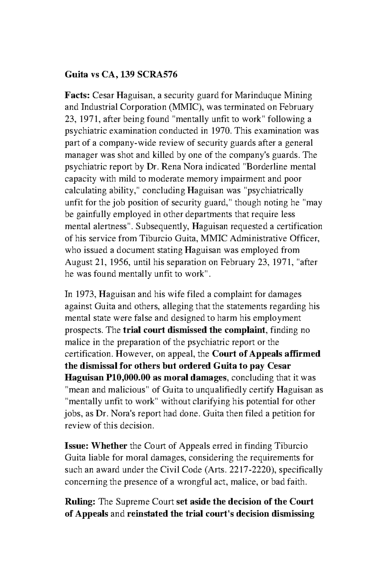 Case Digest: Guita vs CA - Moral Damages & Employment Liability - Studocu