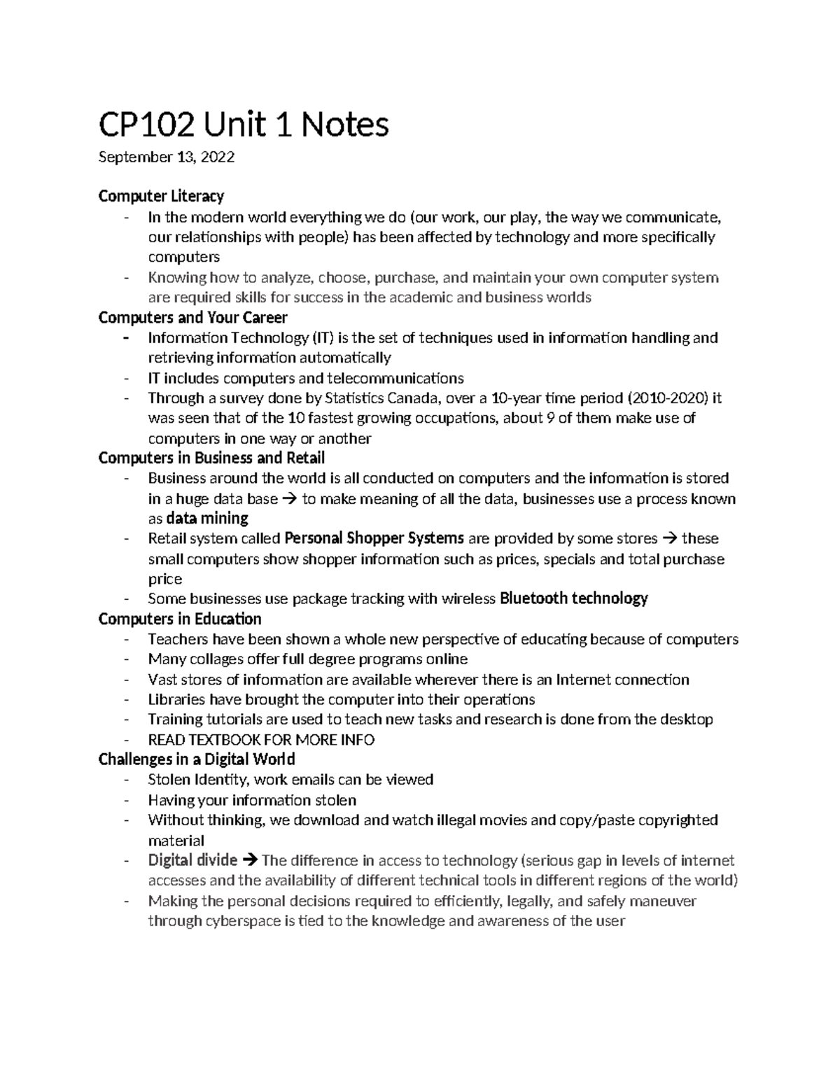 CP102 Chapter 1 Notes: Understanding Computer Literacy and Ethics - Studocu
