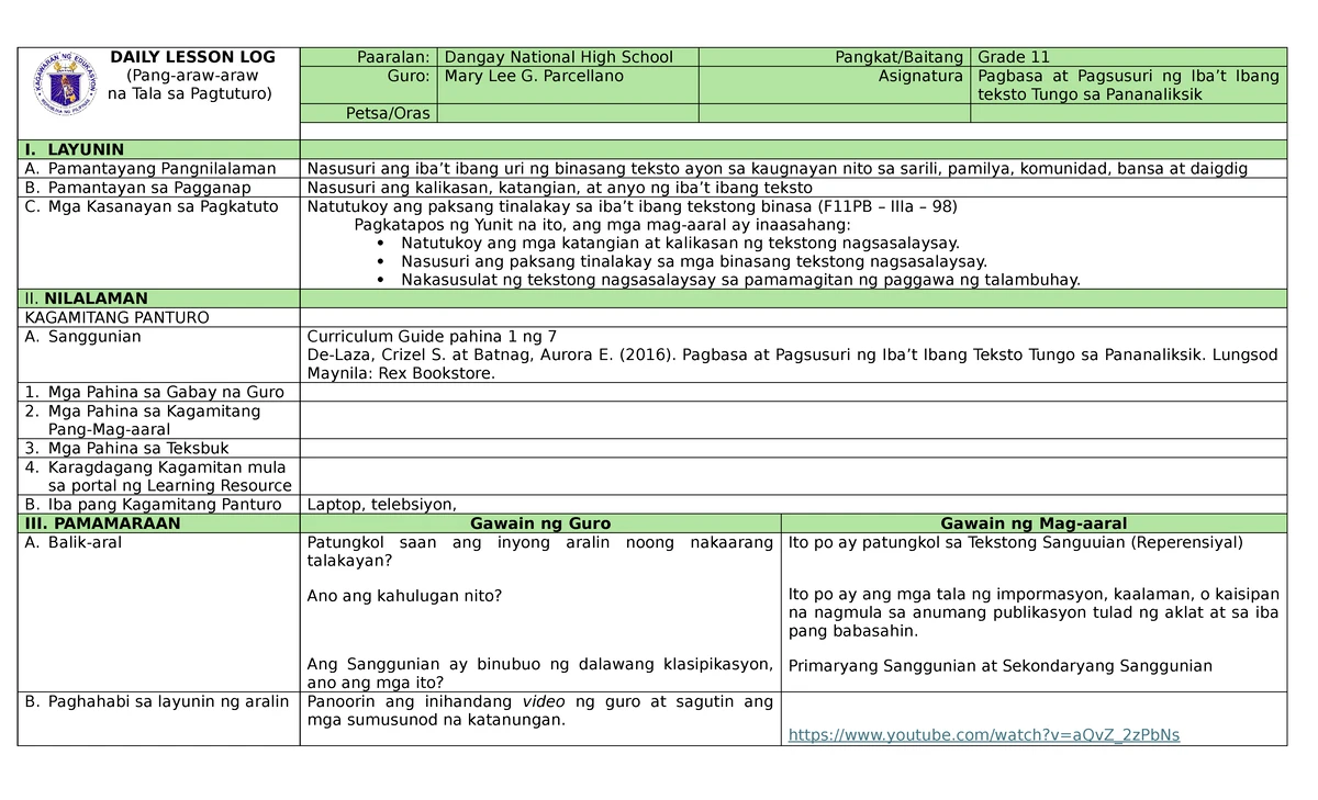 Template for Grade 11 Daily Lesson Plan (Pagbasa at Pagsusuri) - Studocu