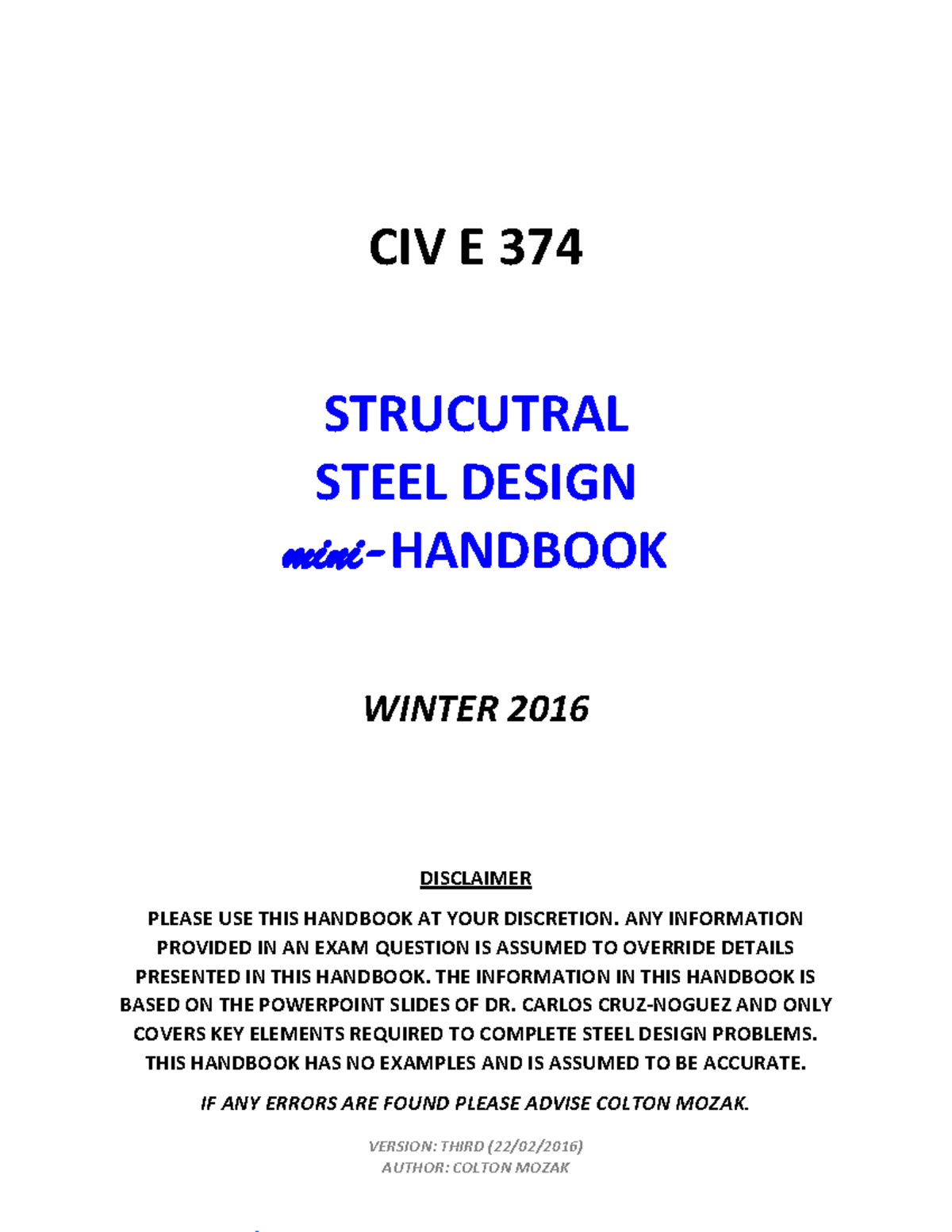 CIV E 374 Structural Steel Design Mini Handbook - Winter 2016 Edition ...