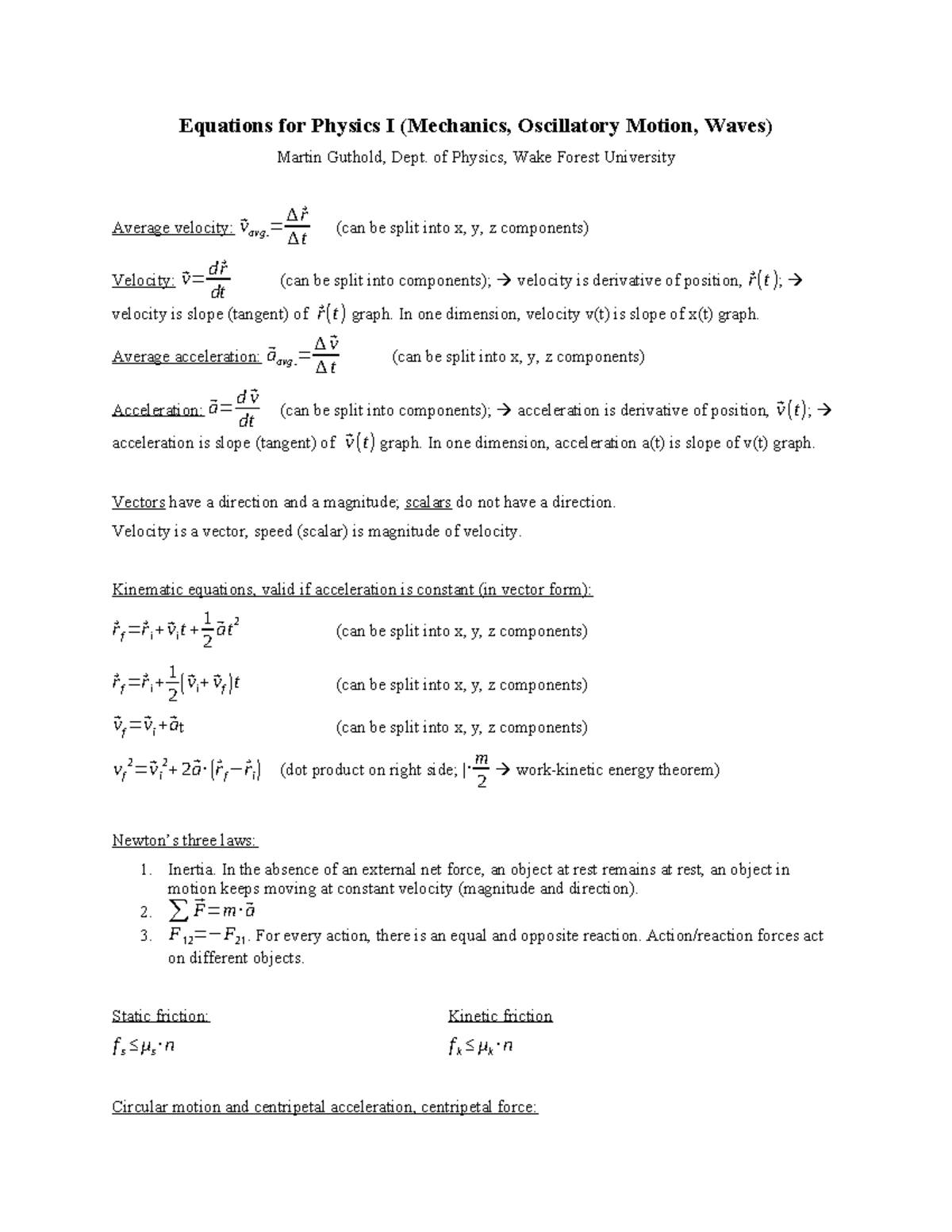 Physics I Equation Sheet: Mechanics, Waves & Oscillatory Motion - Studocu