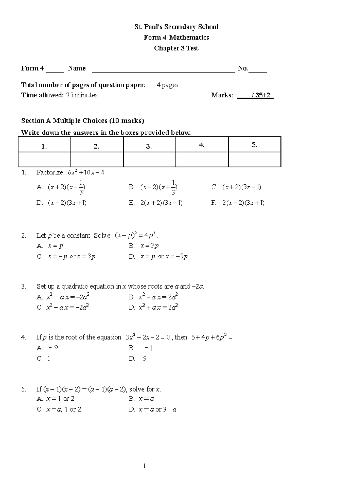 F4 Math Chapter 3 Test (Version 3B) 2022-2023 - Studocu