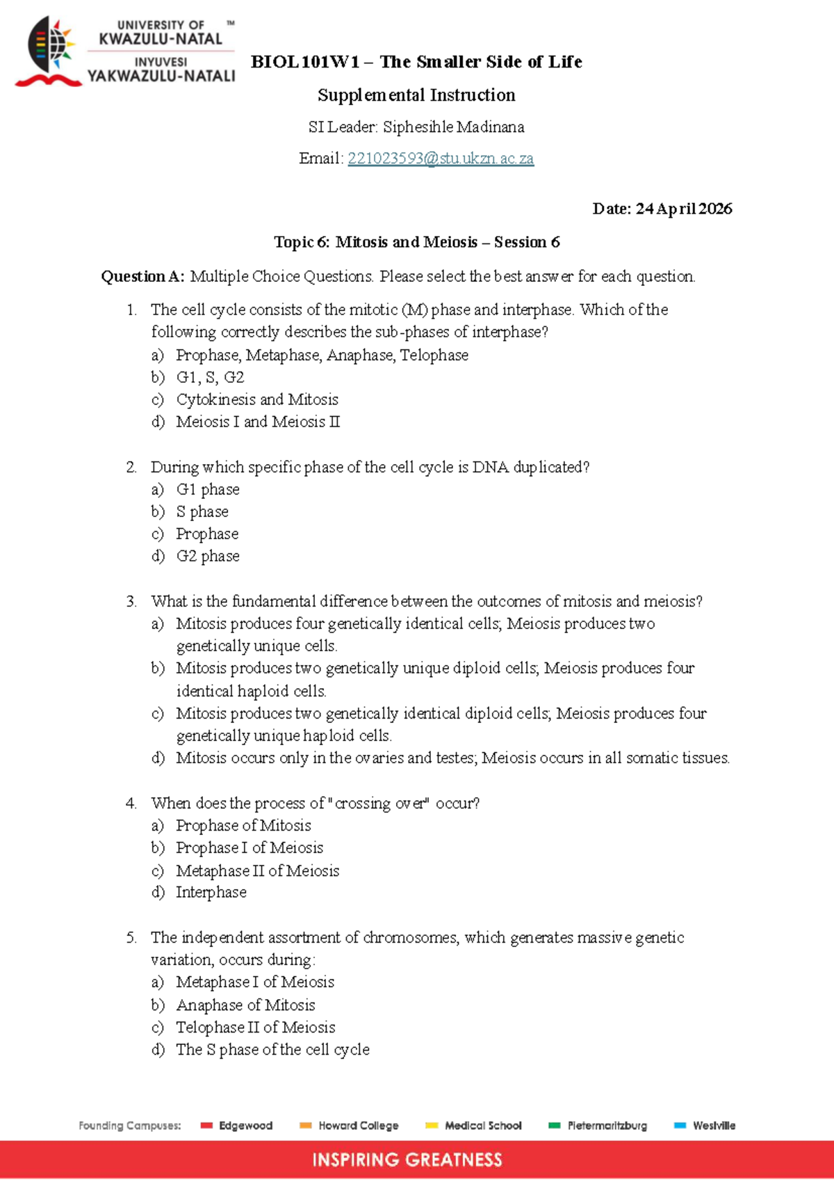 BIOL101W1 SI Session 6: Mitosis and Meiosis Review Questions - Studocu