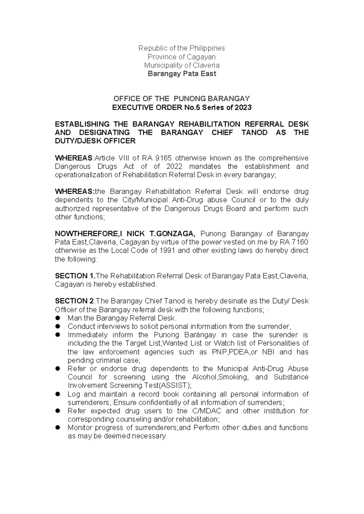 Executive Order No. 5: Establishment of Barangay Rehab Desk 2023 - Studocu