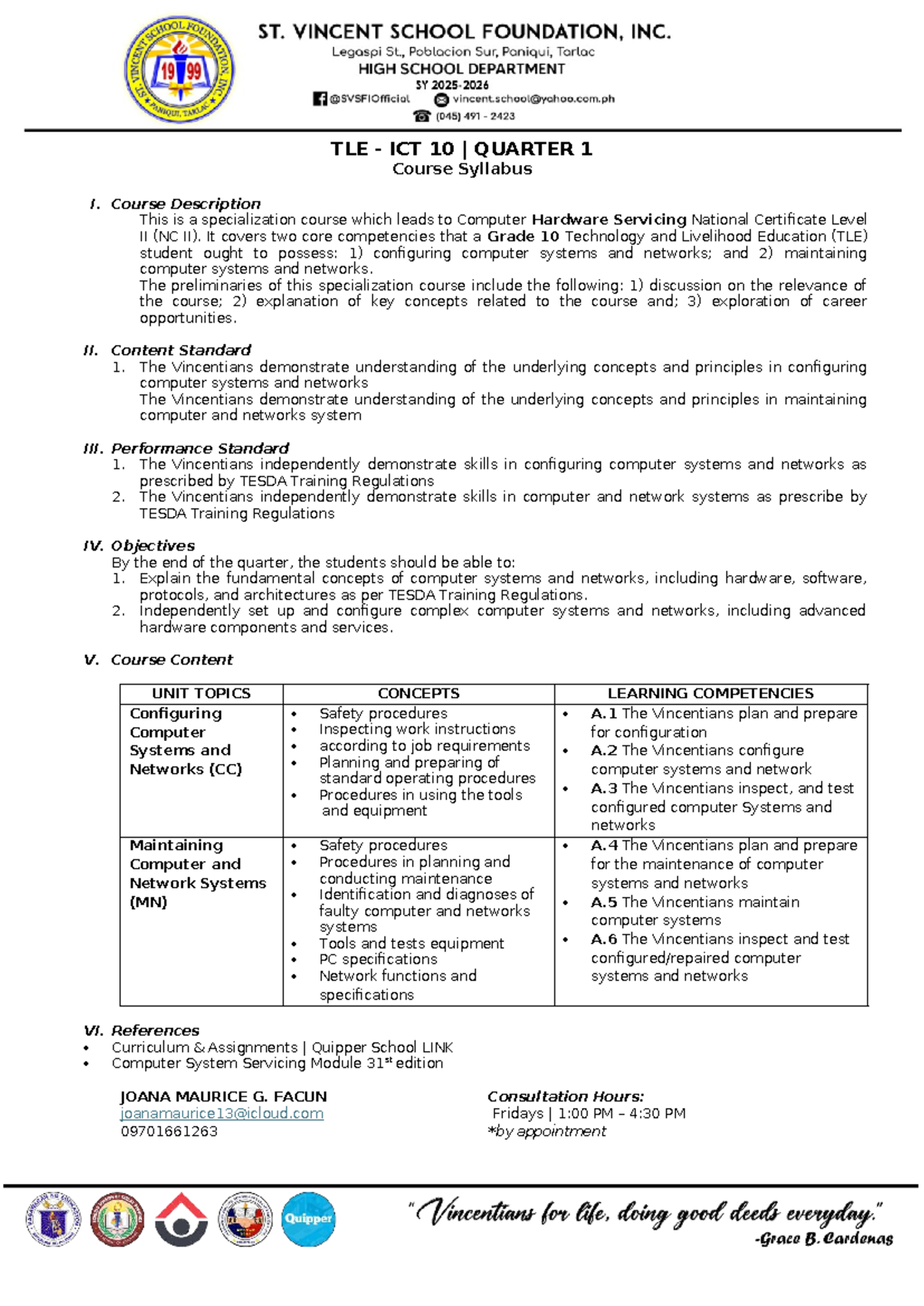 TLE ICT 10 Q1 Course Syllabus: Computer Hardware Servicing NC II - Studocu