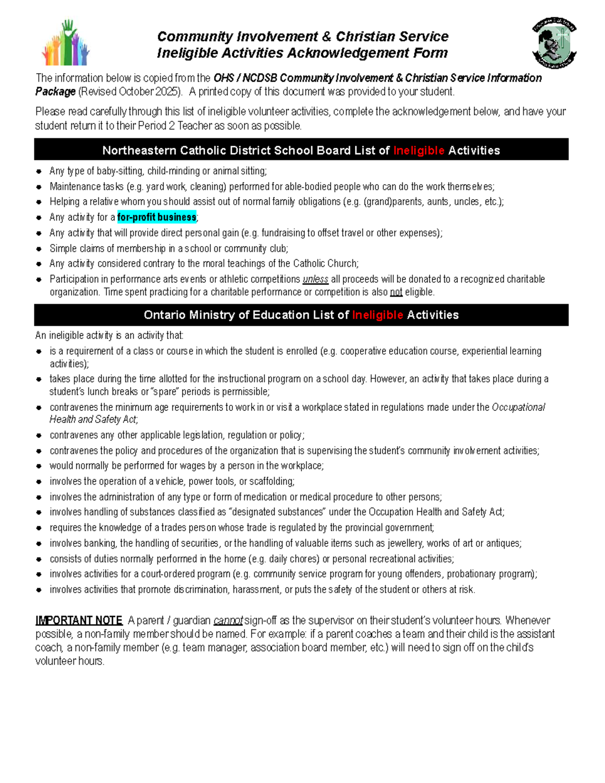2025 OHS NCDSB Community Involvement Ineligible Activities Form - Studocu