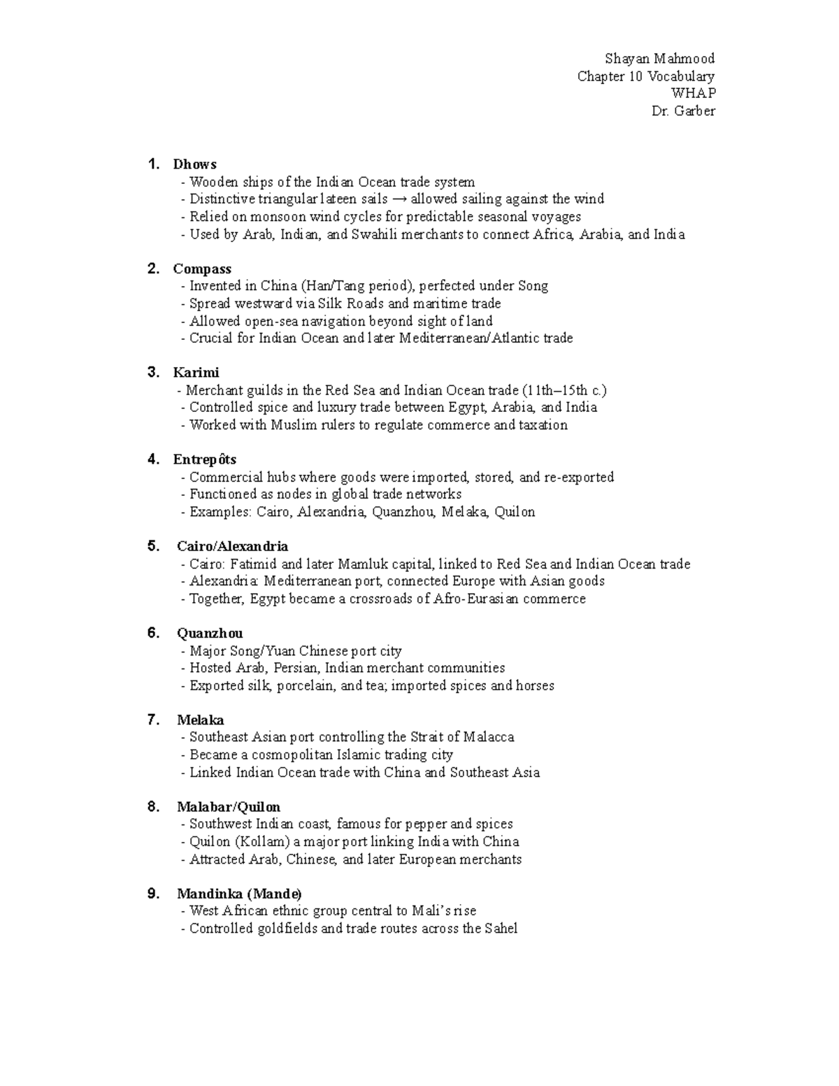 WHAP Chapter 10 Vocabulary: Indian Ocean Trade & Key Figures - Studocu