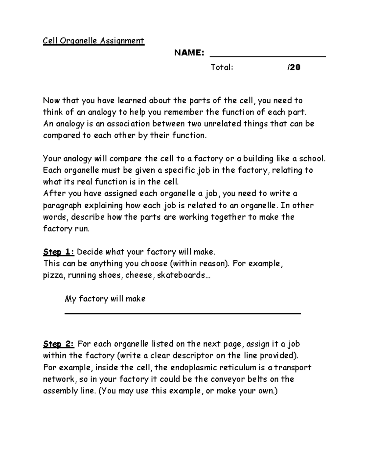 Cell Organelle Analogy Assignment: Understanding Cell Functions - Studocu