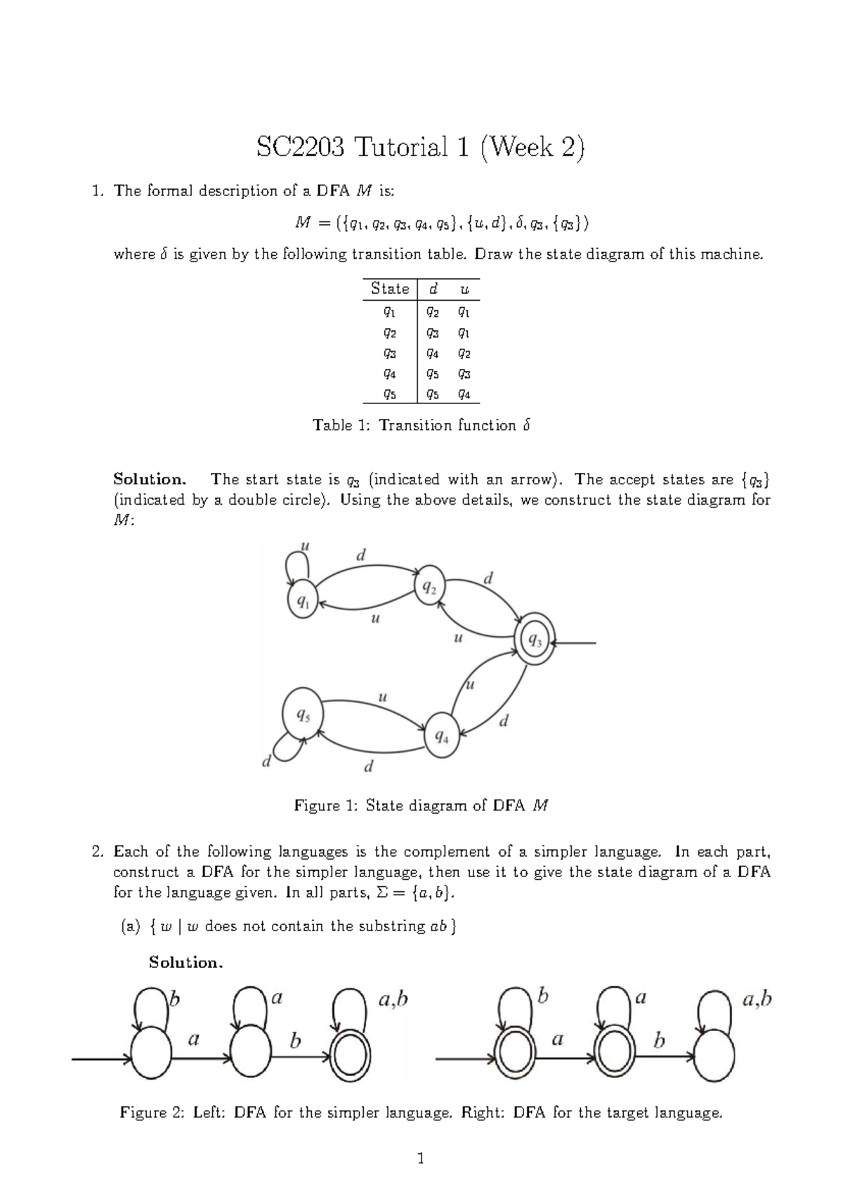 SC2203 Tutorial 1 Solutions: DFA State Diagrams and NFA Conversions - Studocu