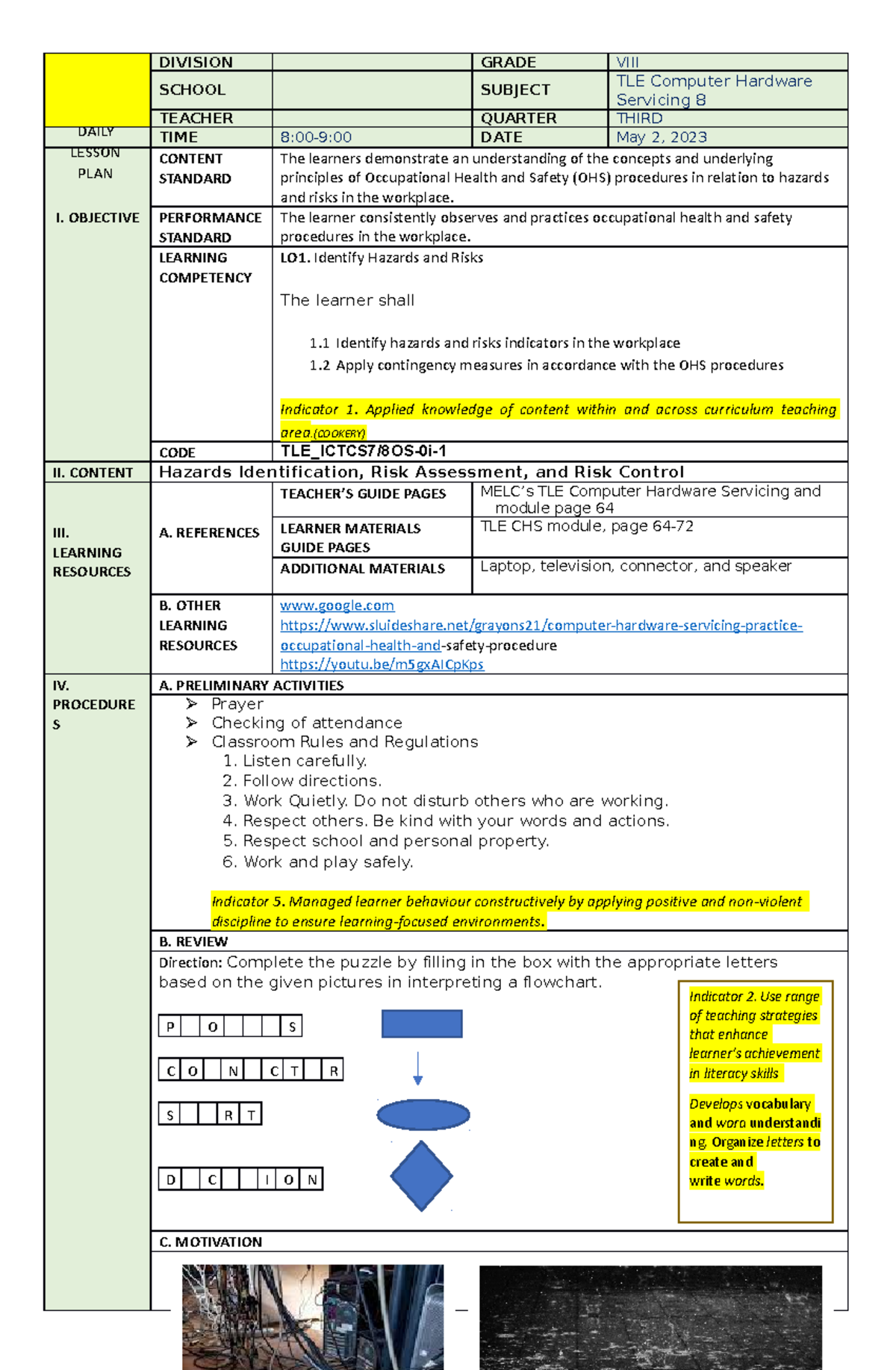 CHS 8 TLE Computer Hardware Servicing: OHS Hazard & Risk Management ...