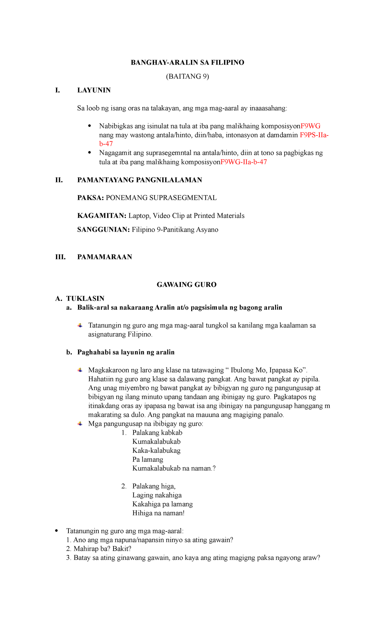 Filipino 9 - Lecture Notes on Suprasegmental Phonetics Lesson - Studocu