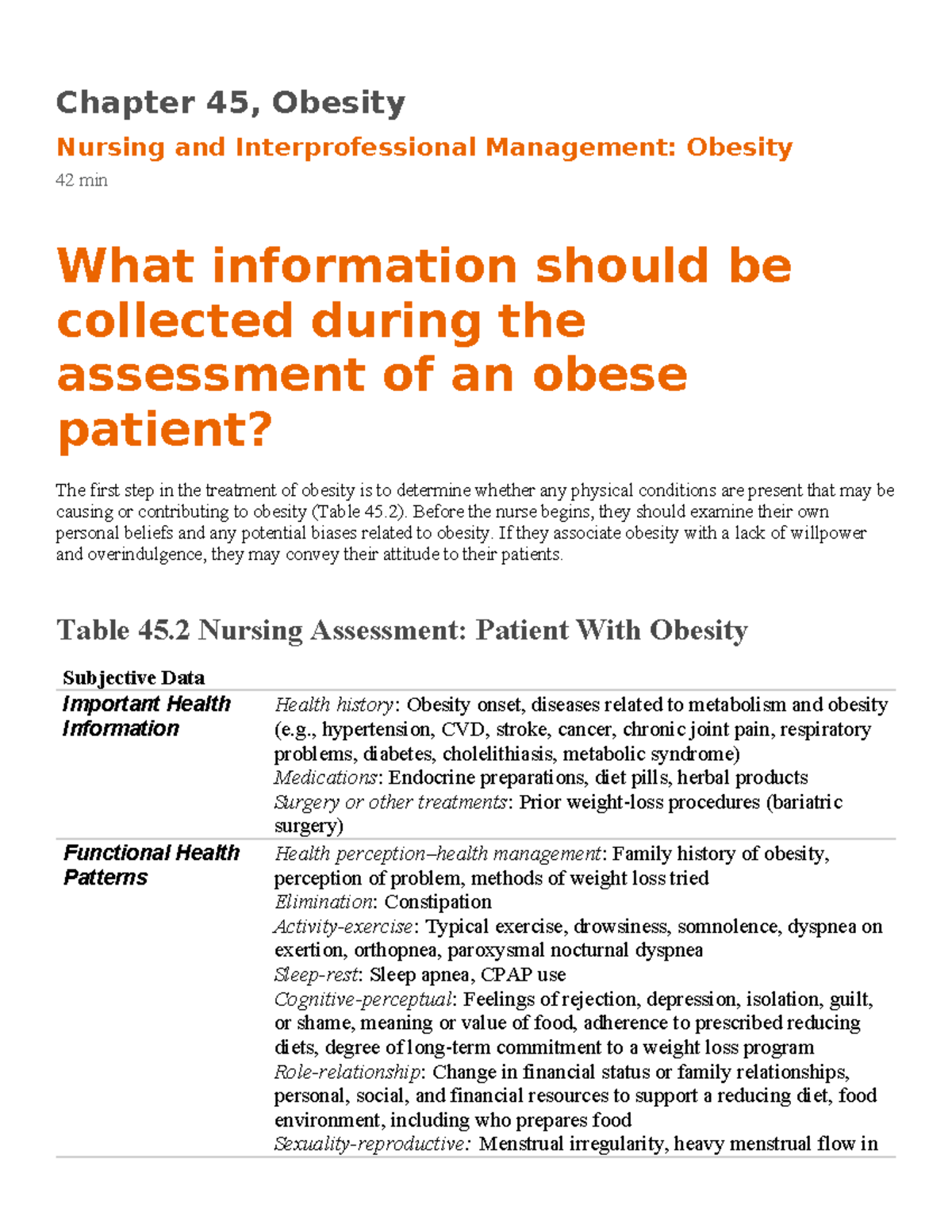 Chapter 45: Obesity Nursing Assessment & Management (NUR 302) - Studocu