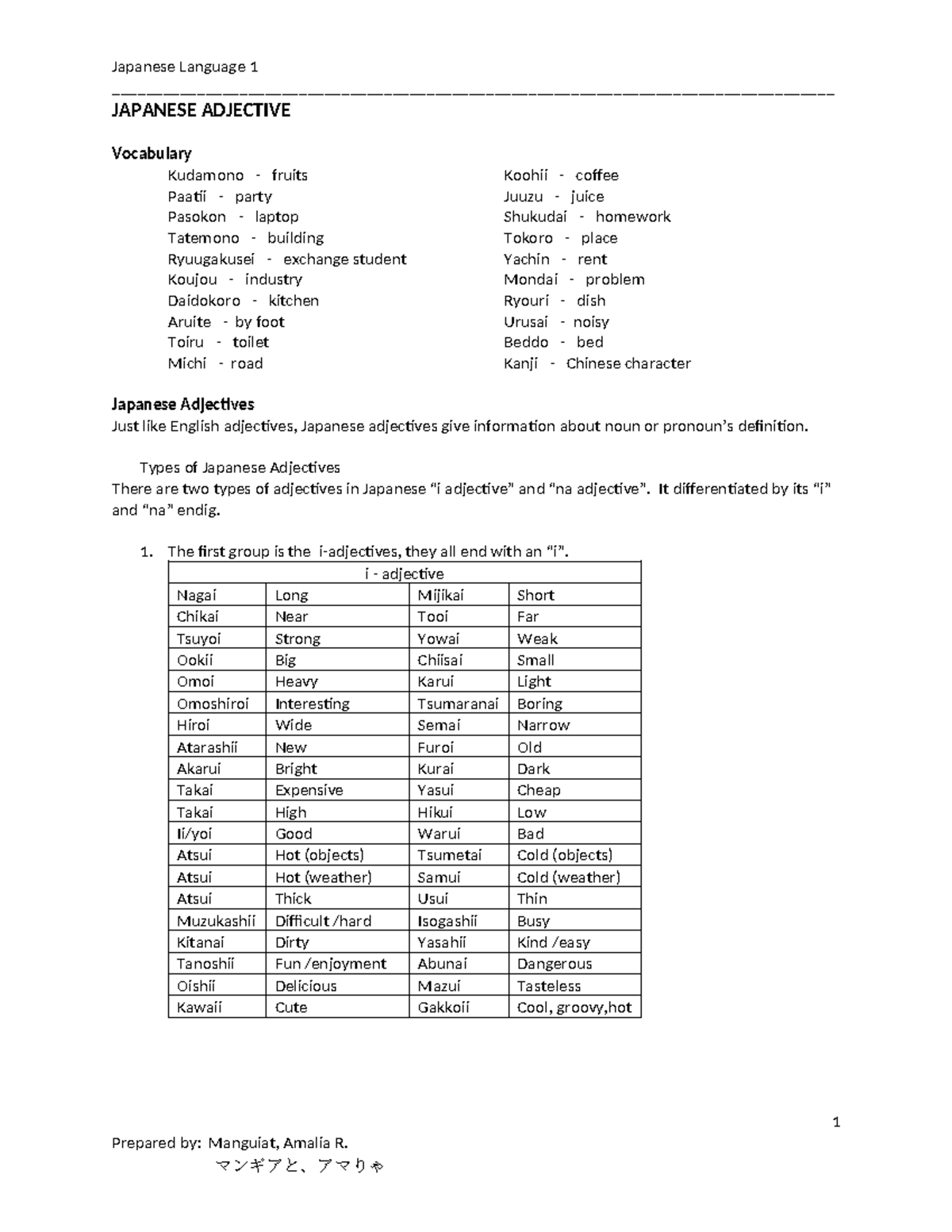 Japanese- Adjective - - Studocu