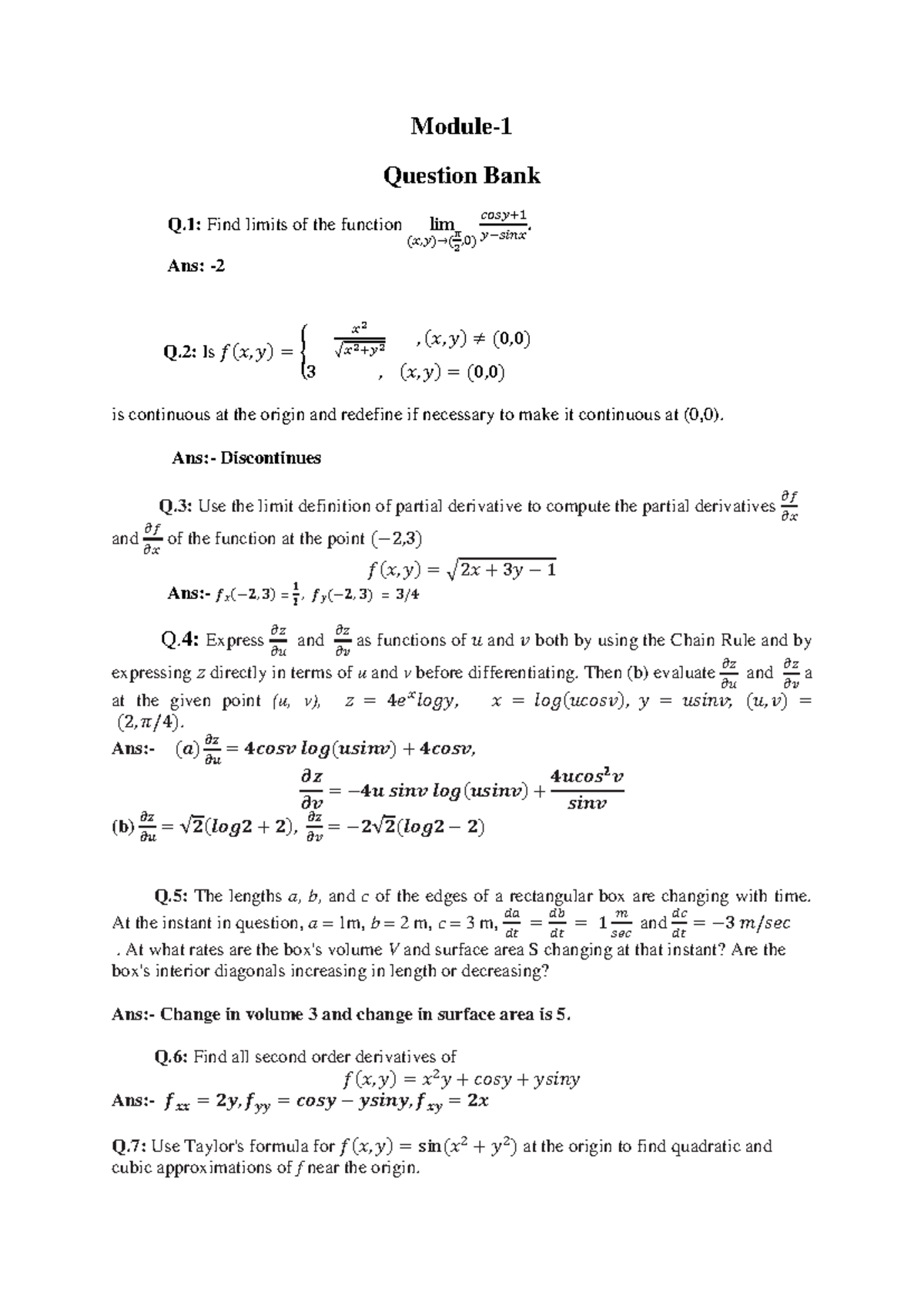 Question Bank MATH101: Limits, Derivatives, and Optimization - Studocu