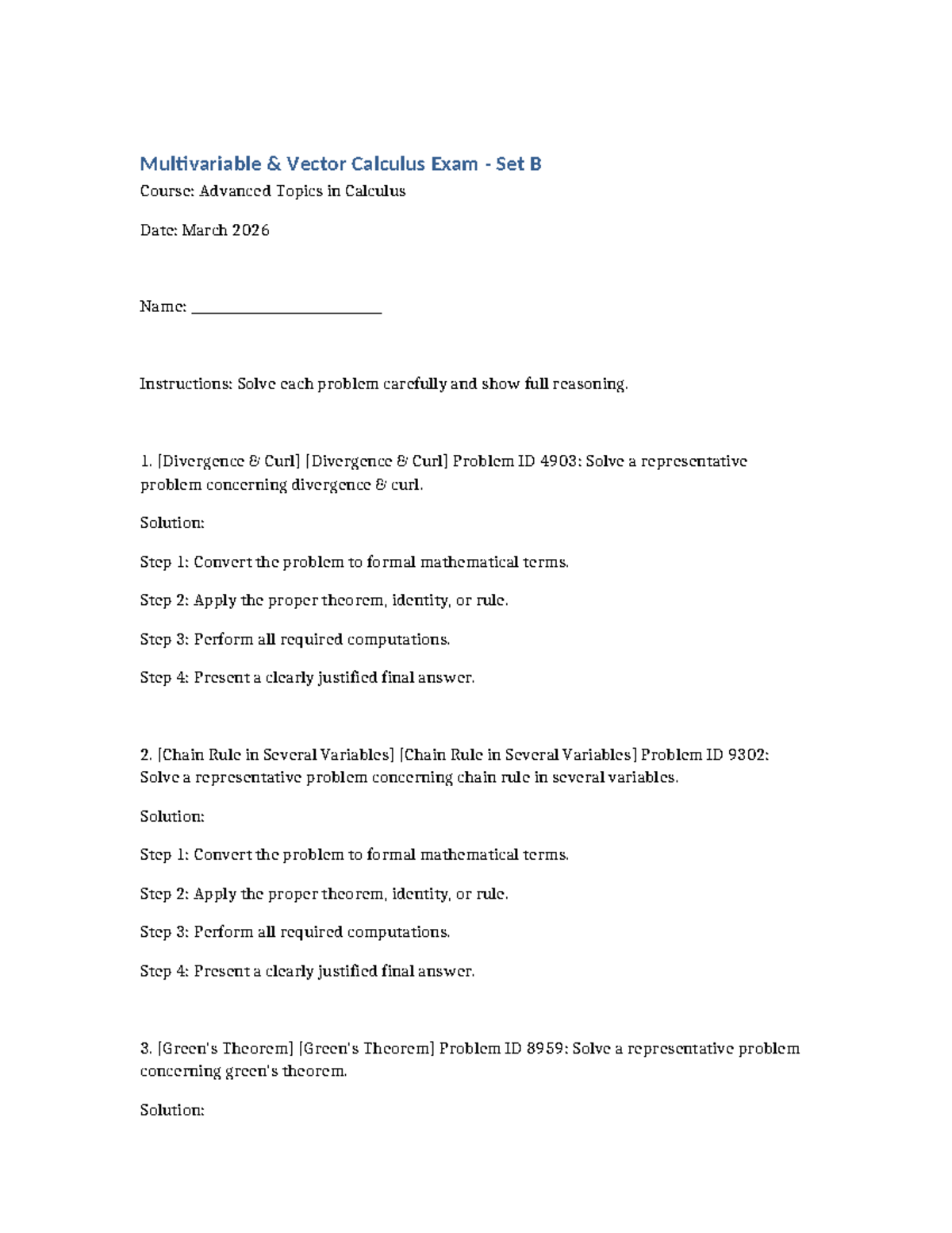 Multivariable Vector Calculus Exam Set B (Math 8939) Solutions - Studocu