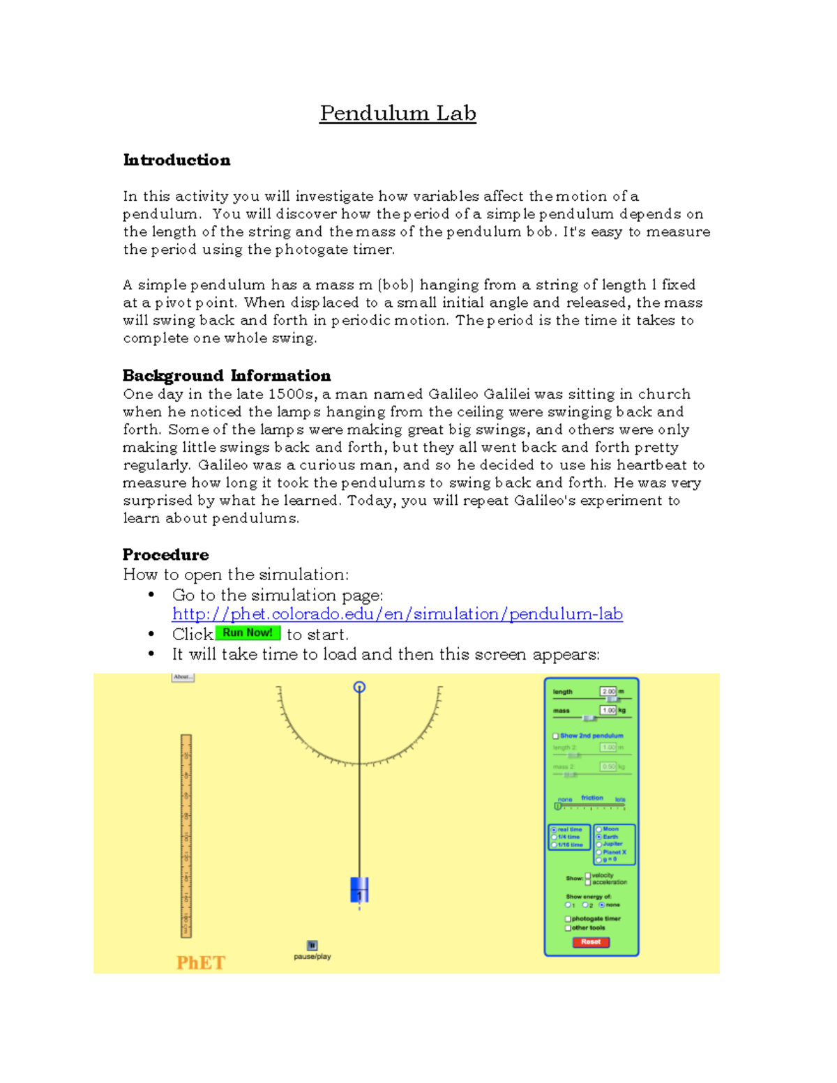 Phet contribution 3825 6821 - Pendulum Lab Introduction In this ...