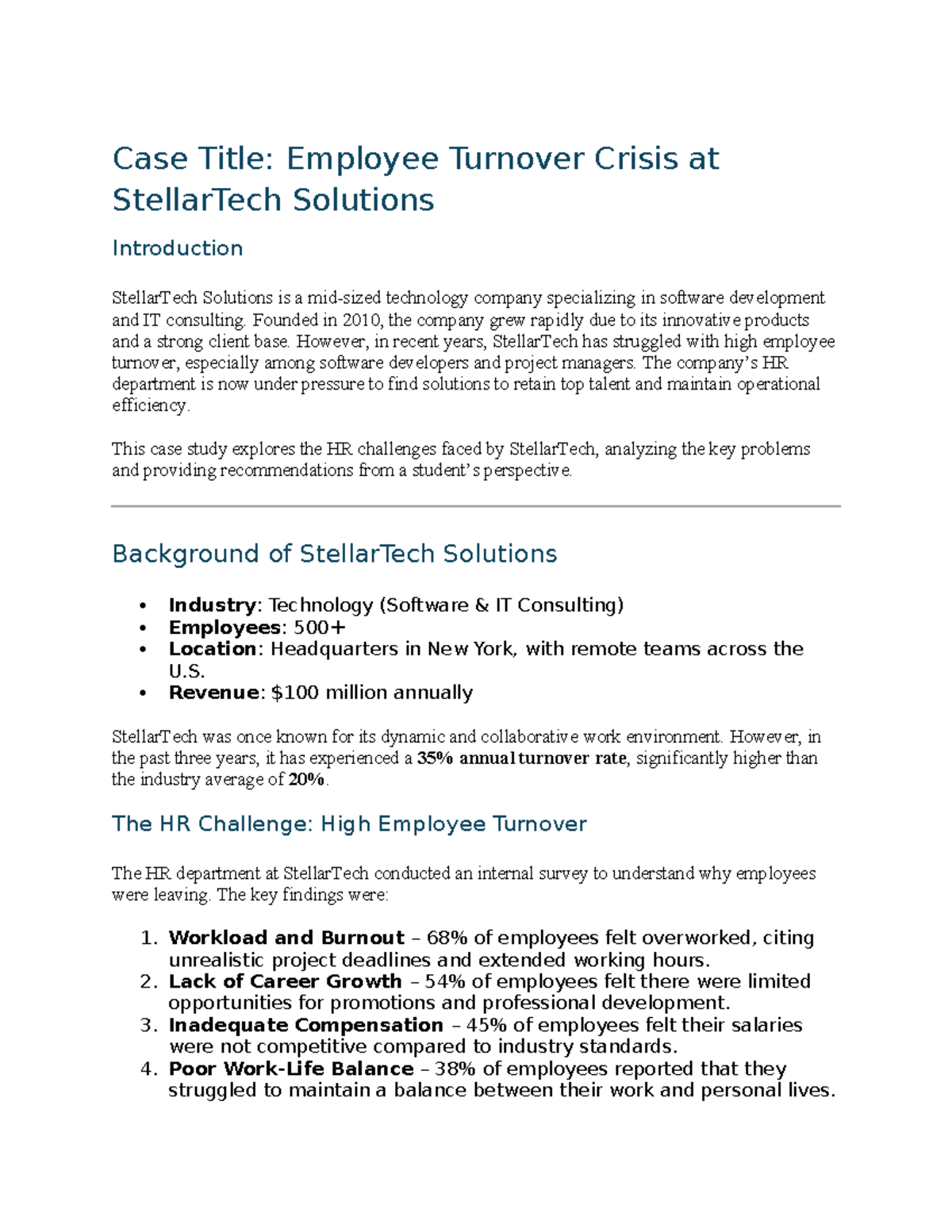 HRM - CASE Study: Addressing Employee Turnover at StellarTech Solutions ...