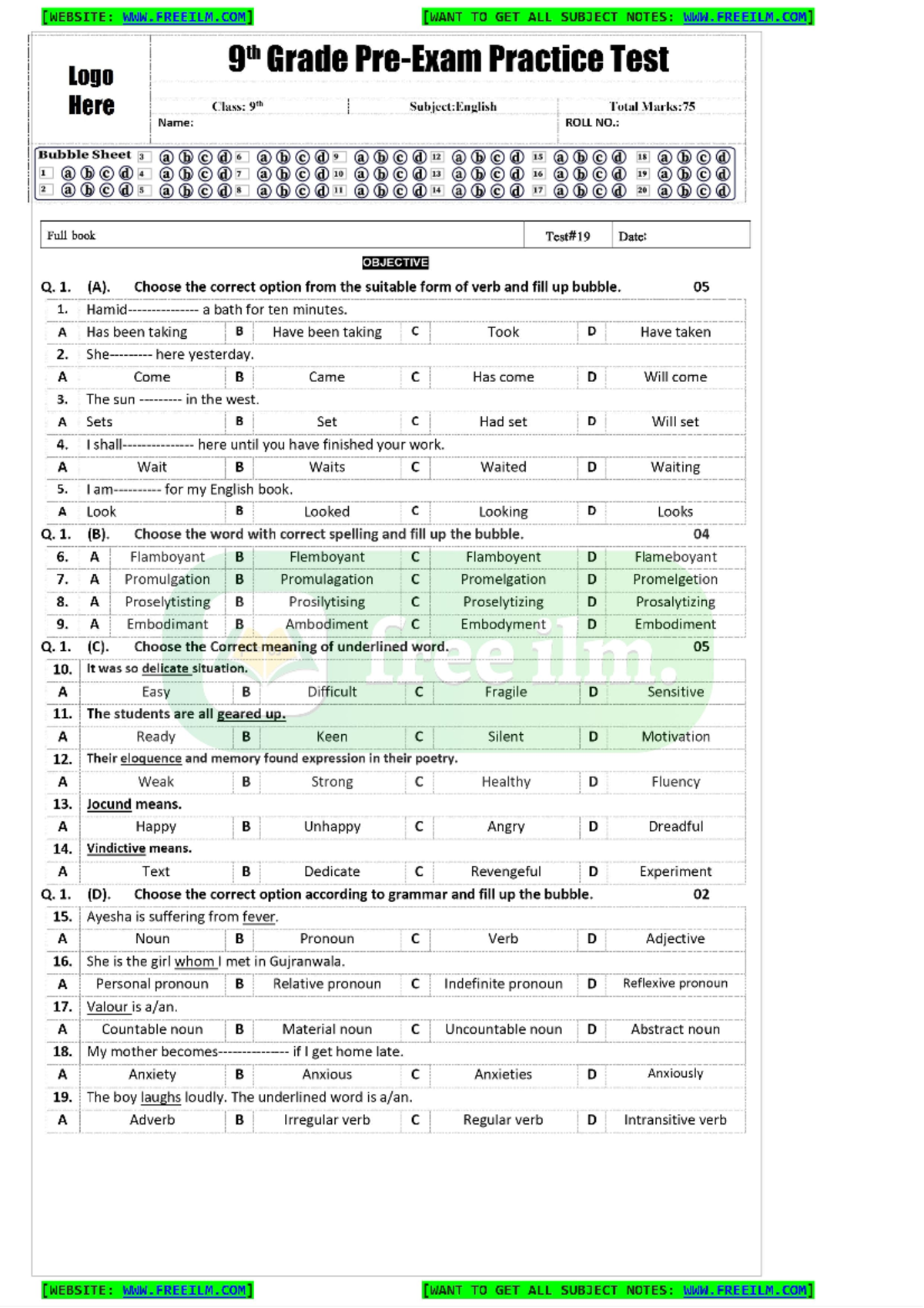 9th English Test Paper 19 - Comprehensive Review and Solutions - Studocu