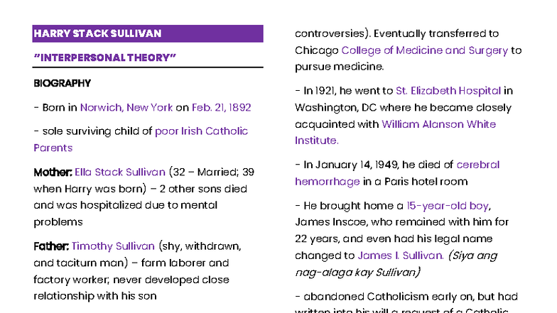 Harry Stack Sullivan: Theories of Personality (PSY 2C) - Studocu