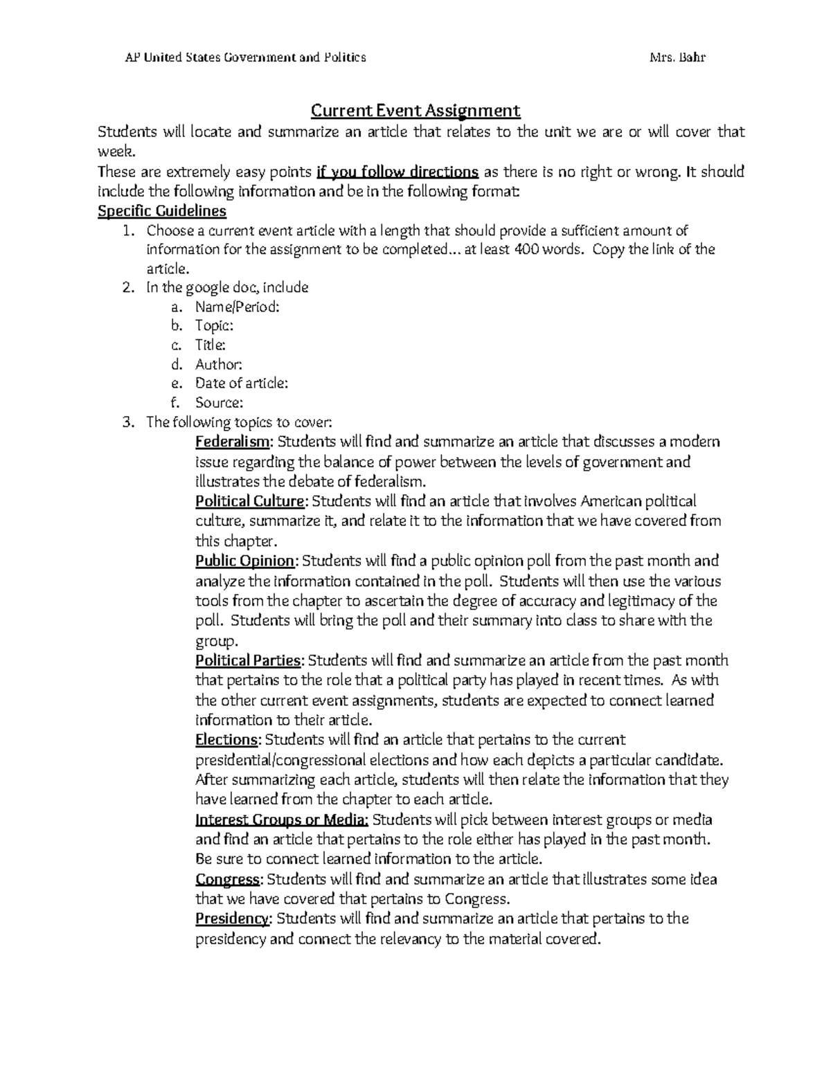 AP US Government & Politics: Current Event Assignment Guide - Studocu