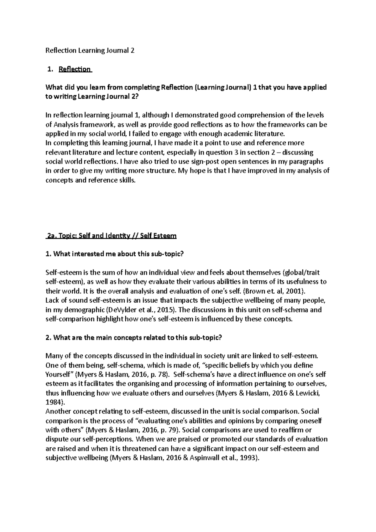 Reflection Learning Journal 2: Insights on Self, Identity, and ...