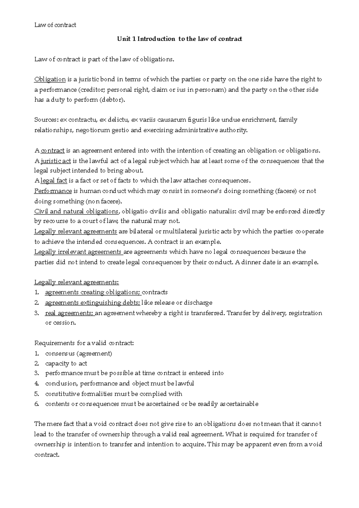 Law of Contract Notes & Revised Chapters (Law 101) - Studocu