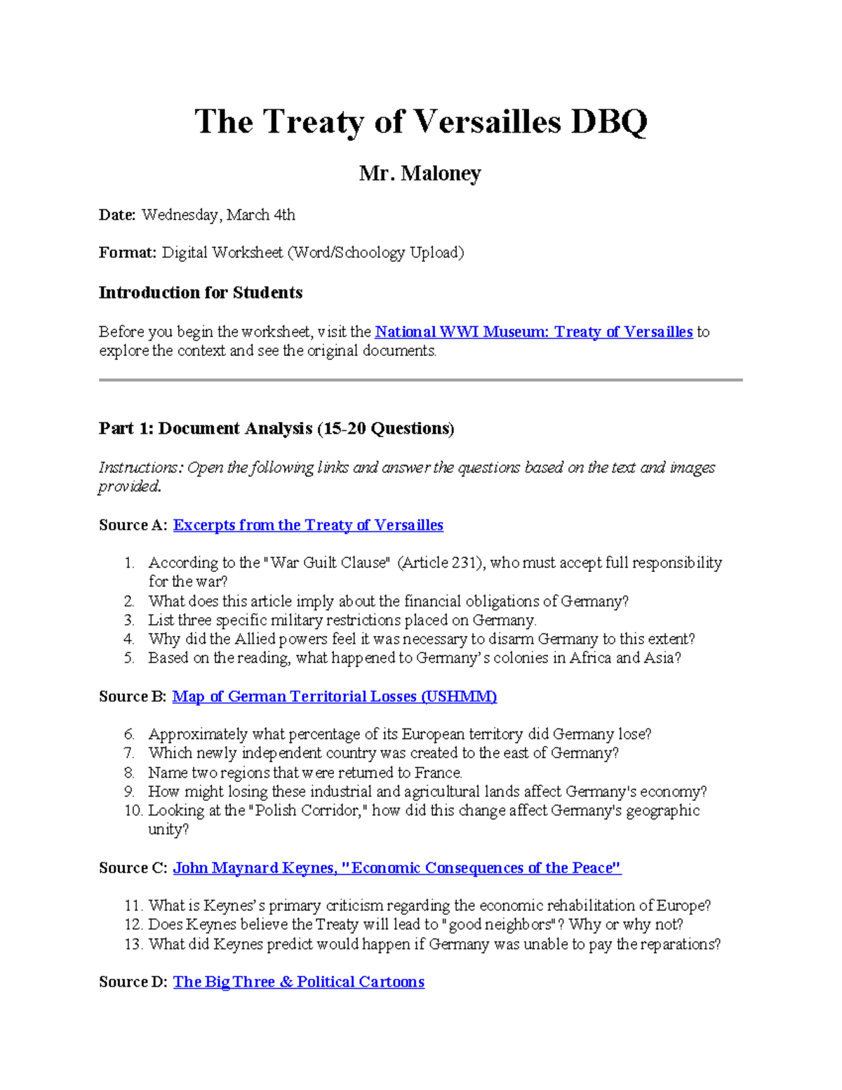 Treaty of Versailles DBQ Analysis - Mr. Maloney's Worksheet - Studocu
