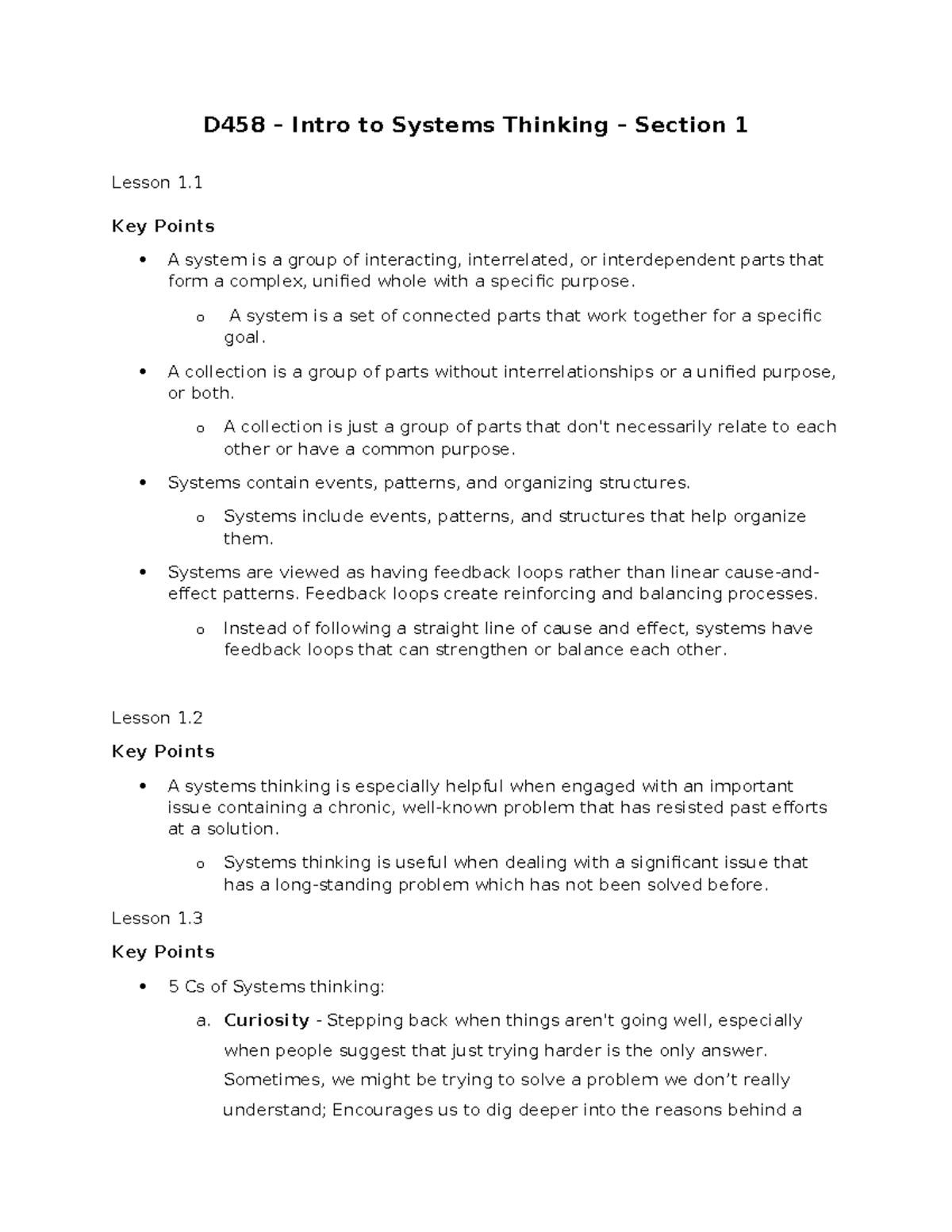 D458 Intro to Systems Thinking Section 1 Key Points and Notes - Studocu
