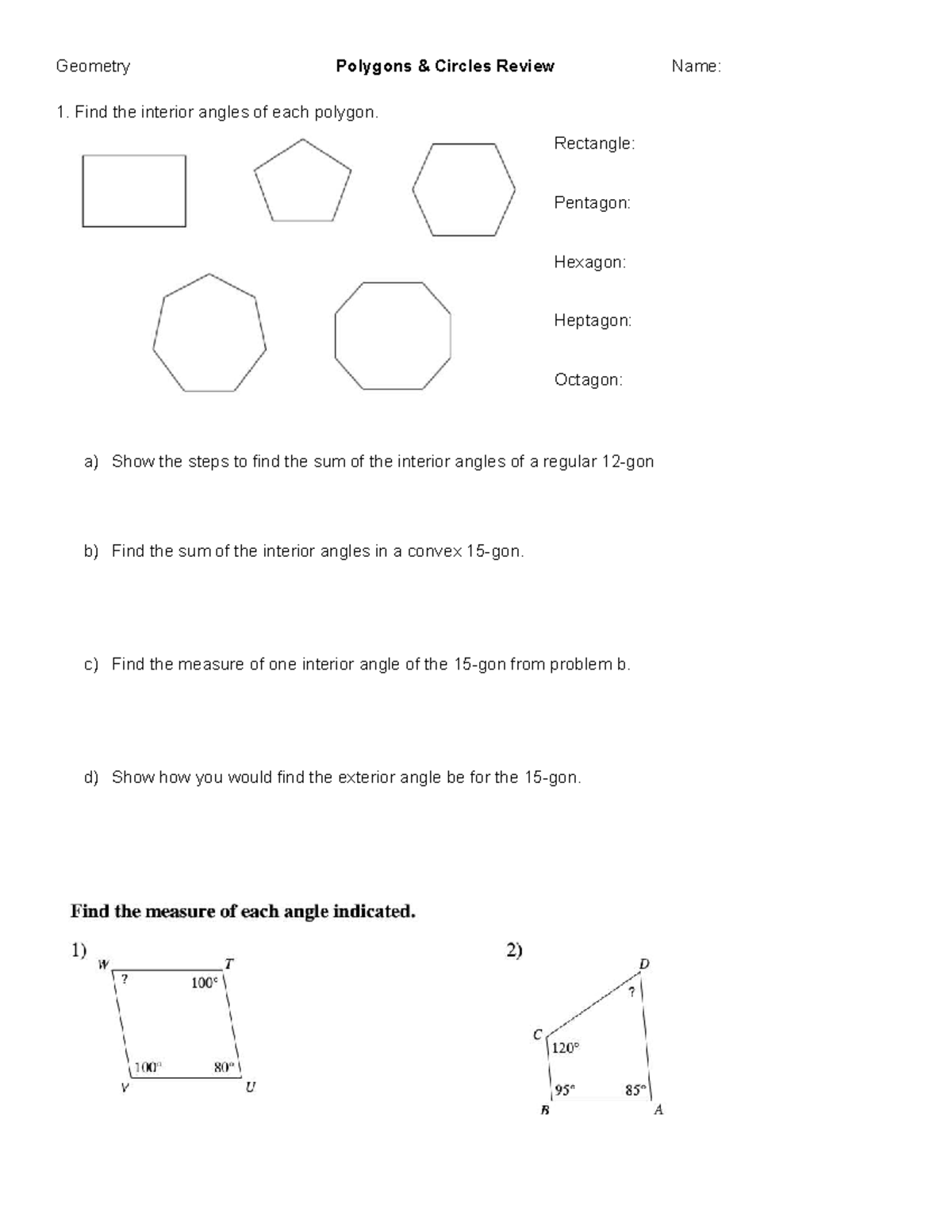 Geometry Review: Polygons & Circles Exercises (Course Code: G101) - Studocu