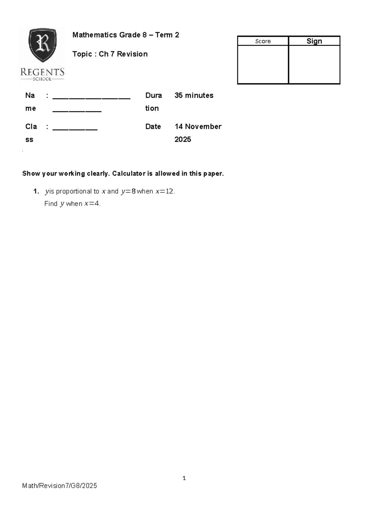 Mathematics Grade 8 Term 2 Revision: Chapter 7 Concepts - Studocu
