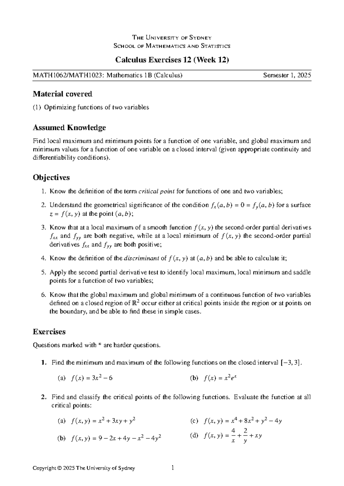 Calculus Exercises 12 (Week 12) - Mathematics 1B (2025) - Studocu