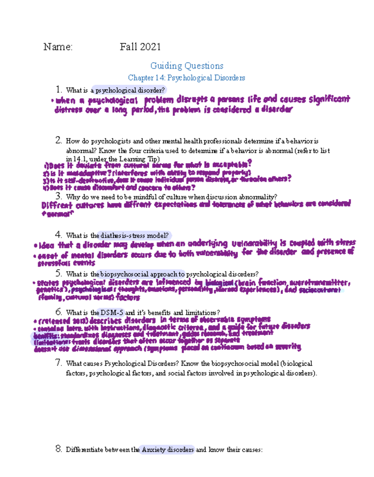 Guiding Questions Chapter 14 Psychological Disorders - What is a psychological disorder? 2. How ...