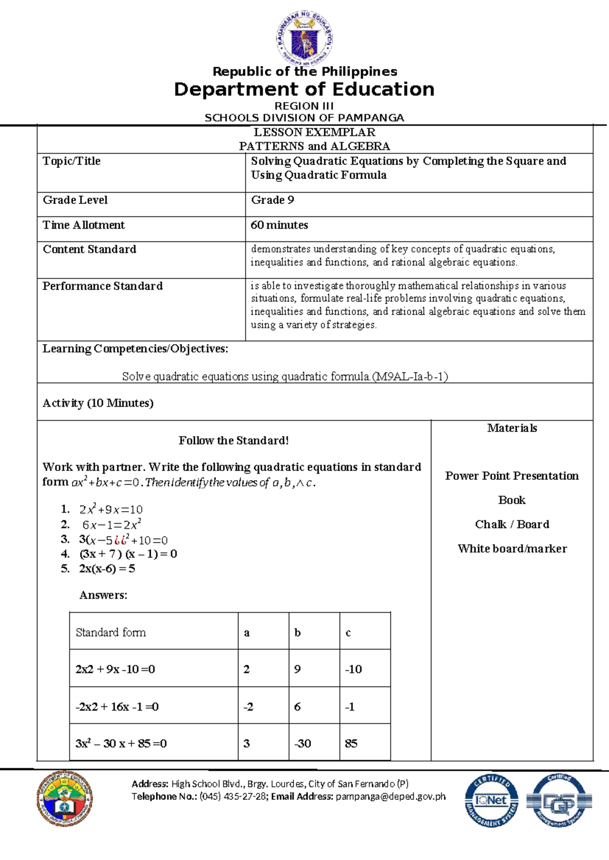 Grade 9 MATH LE Q1 WEEK 1e: Solving Quadratic Equations - Studocu