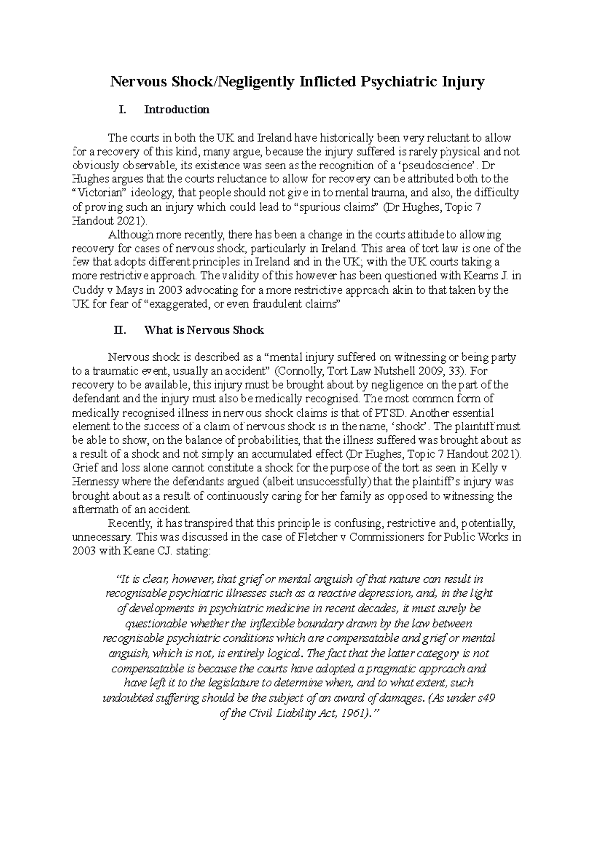 Nervous Shock/Negligently Inflicted Psychiatric Injury Overview - Studocu