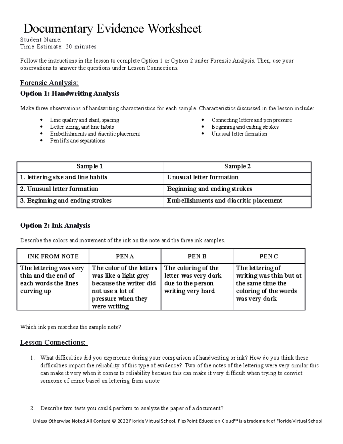 01 04 Forensic Analysis Worksheet: Handwriting and Ink Analysis - Studocu