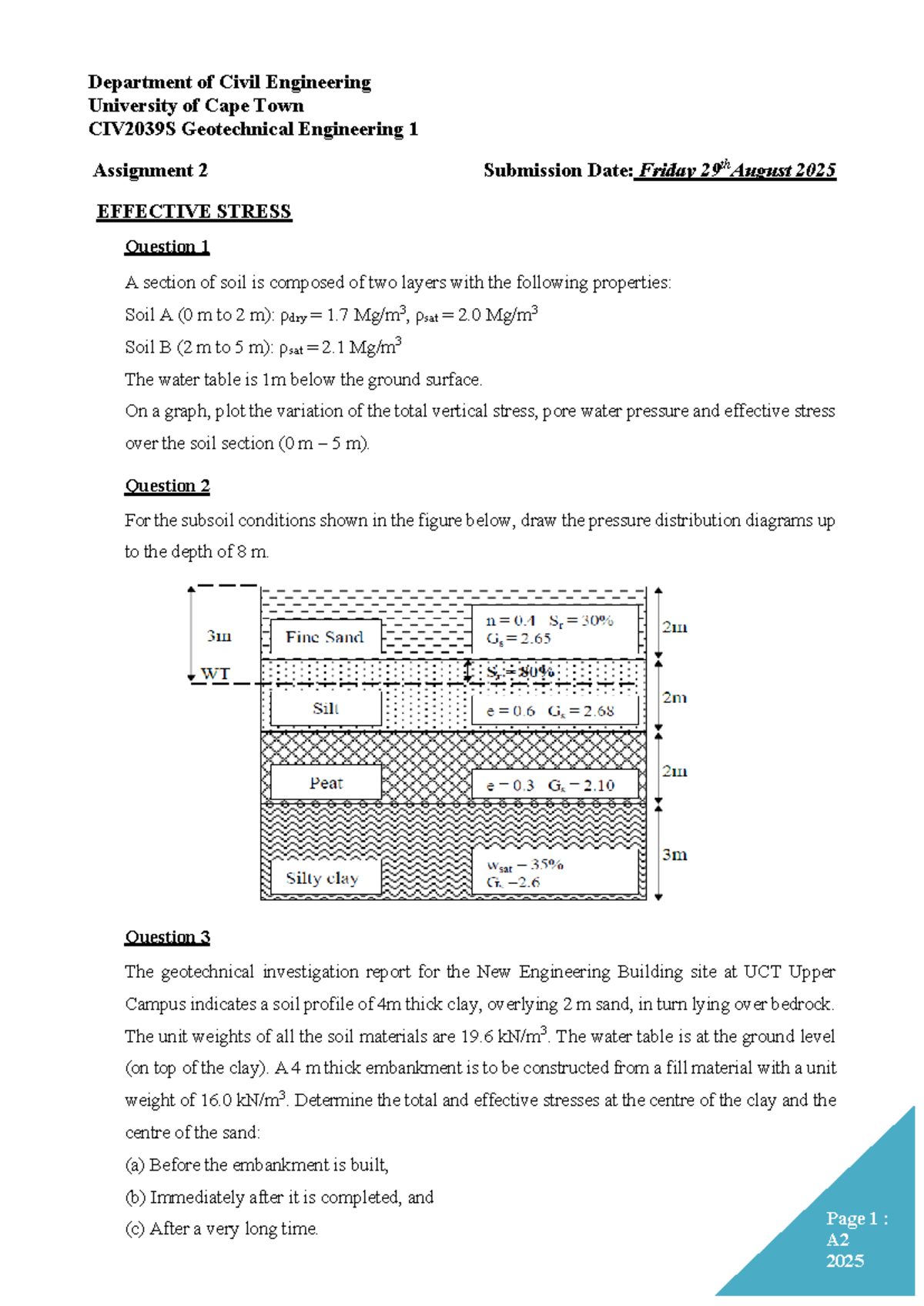 CIV2039S Geotechnical Engineering 1 Assignment 2: Effective Stress Analysis - Studocu